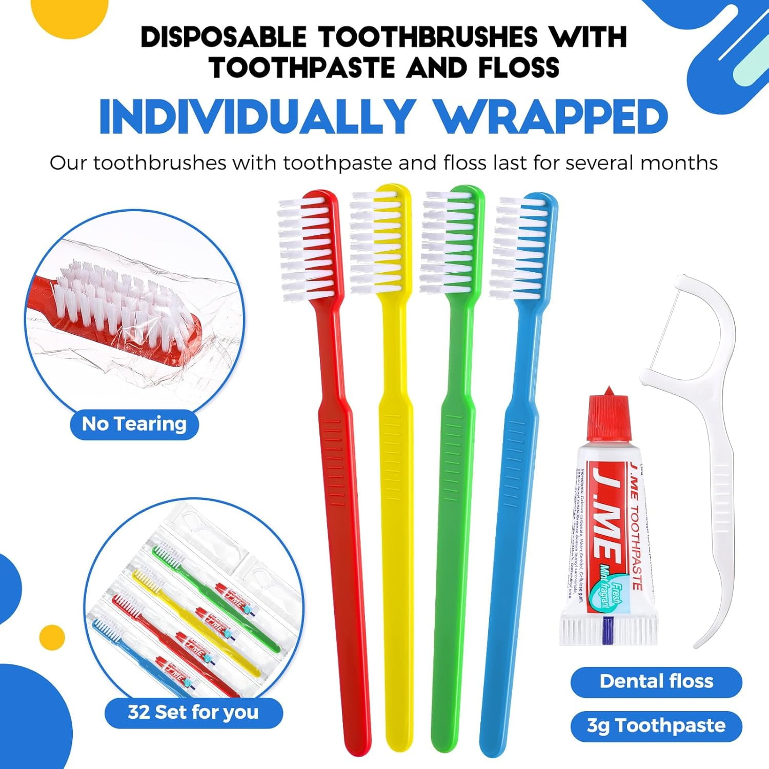 TRAHOO-32 Kit Disposable Toothbrushes with Toothpaste & Dental Floss ...