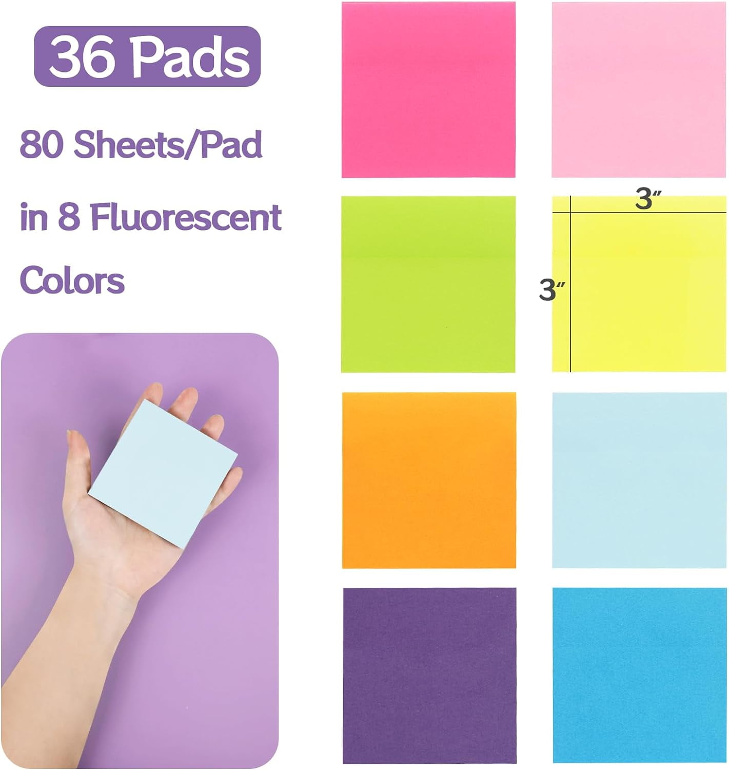 TRAHOO-36-Pads Sticky Notes 3X3 in, 80 Sheets/Pad, 8 Bright Color Self ...