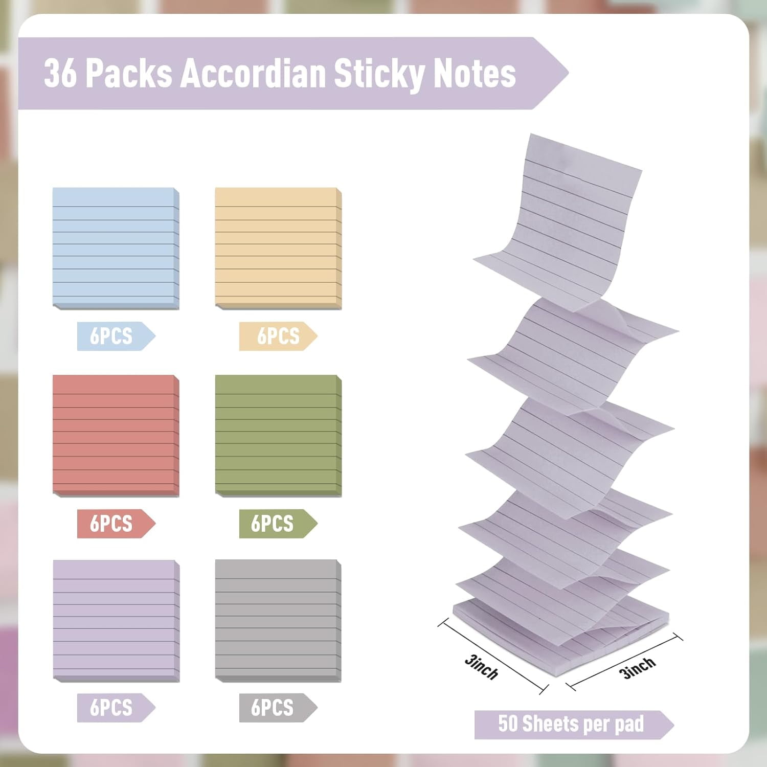 TRAHOO-36Pads Pop Up Sticky Notes 3x3 Refills Lined, 6 Colored Sticky ...