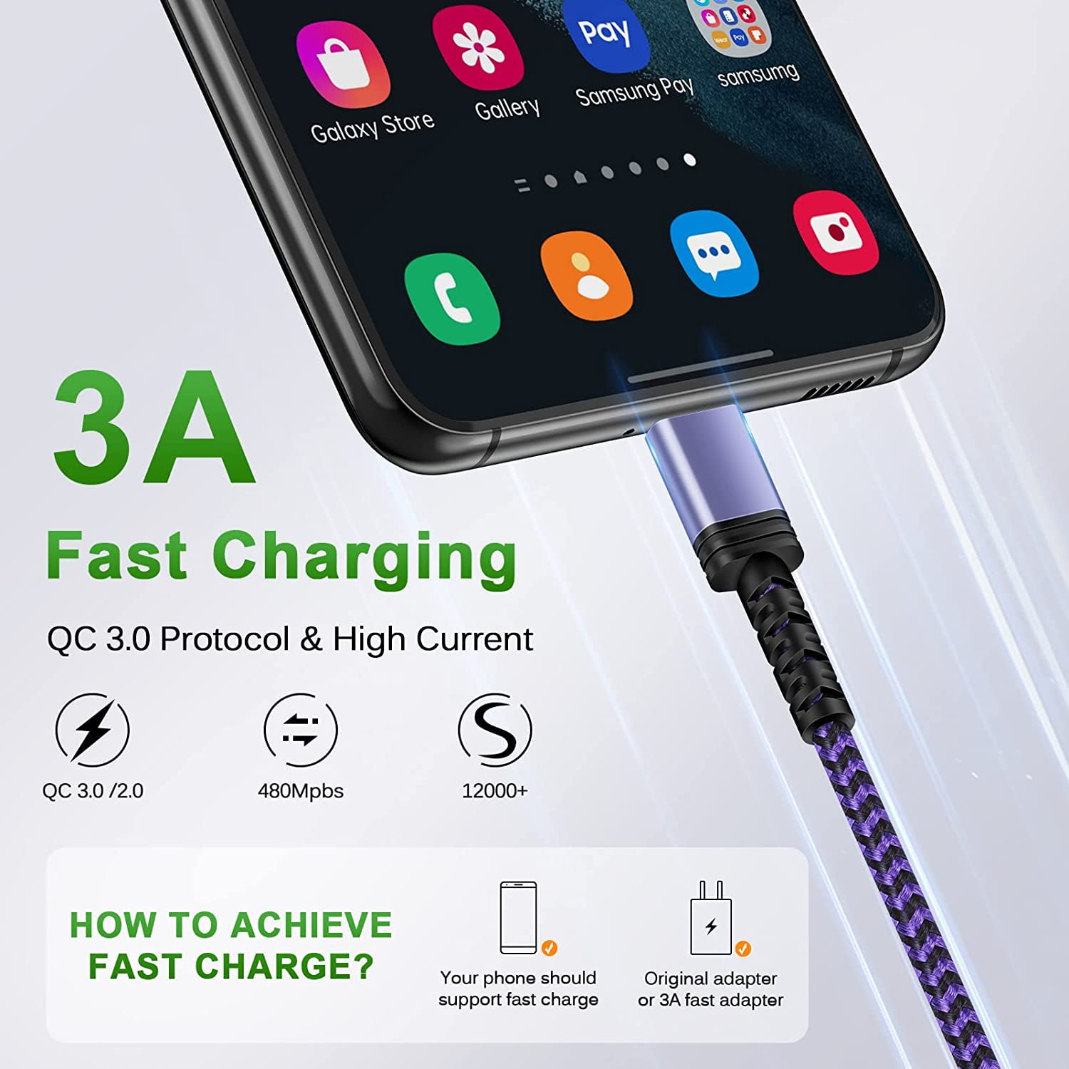 TRAHOO-3Pack 10FT Samsung Fast Charging Cable USB Type C Long Phone ...