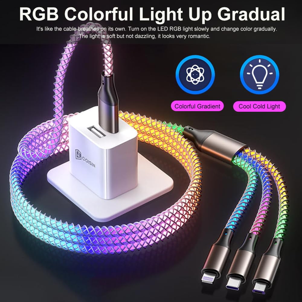 TRAHOO-3in1 LED Multi Charging Cable, 4ft RGB Light UP Gradual USB to ...