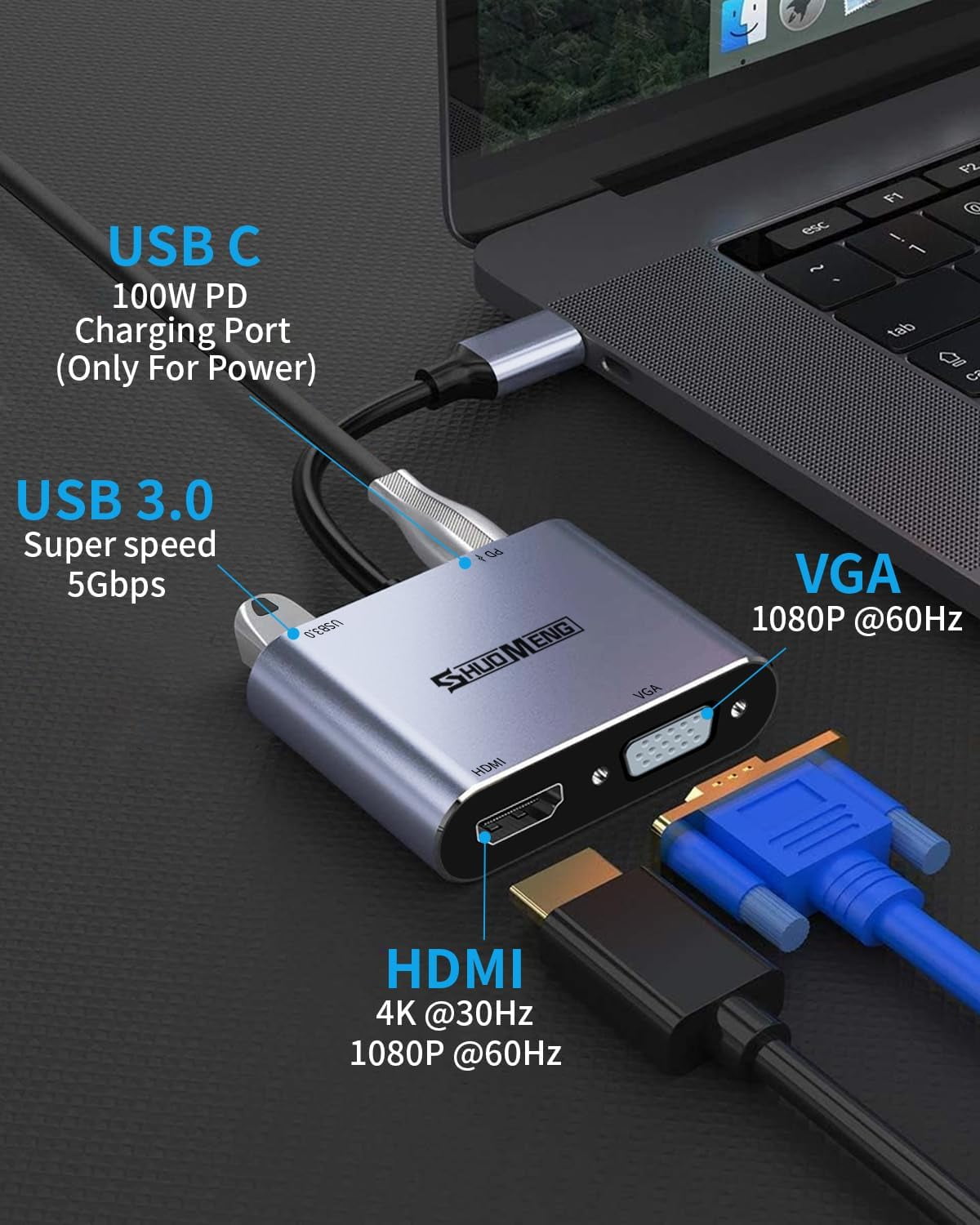 TRAHOO-4 in 1 USB C Hub, USB C to VGA HDMI MultiPort Adapter, 4K HDMI, VGA, 100W Charging Port ...