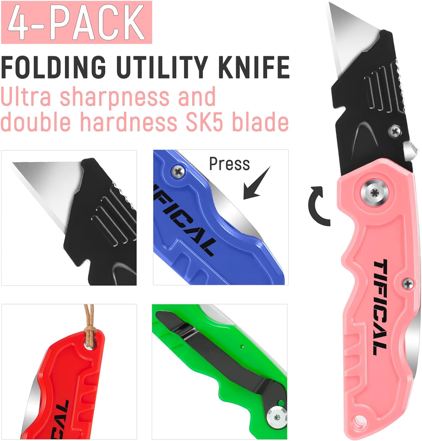 TRAHOO-4 Pack Box Cutter Folding Utility Knife, Extra 10 Blades ...