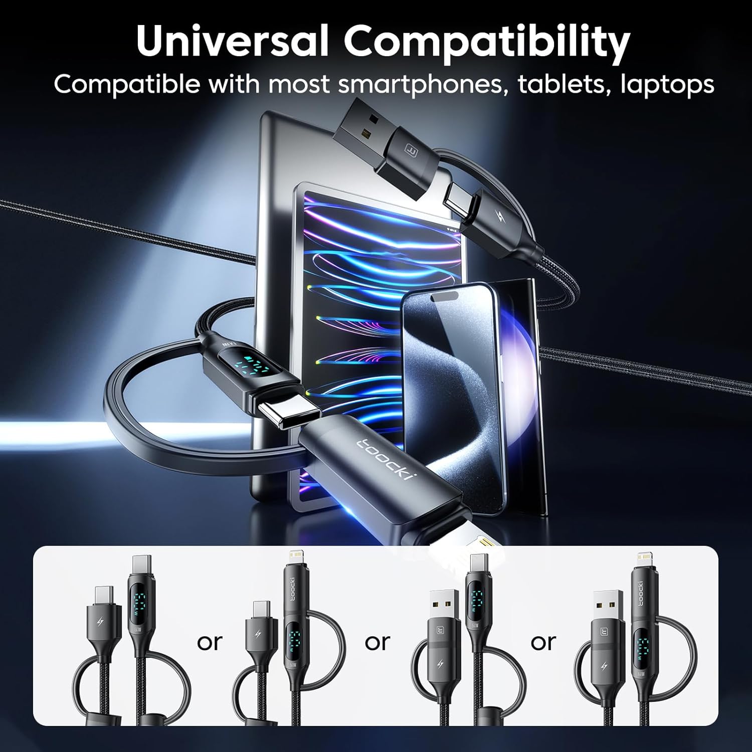 TRAHOO-4-in-1 USB-C Cable with LED Display, PD 60W Fast Charging Cable ...