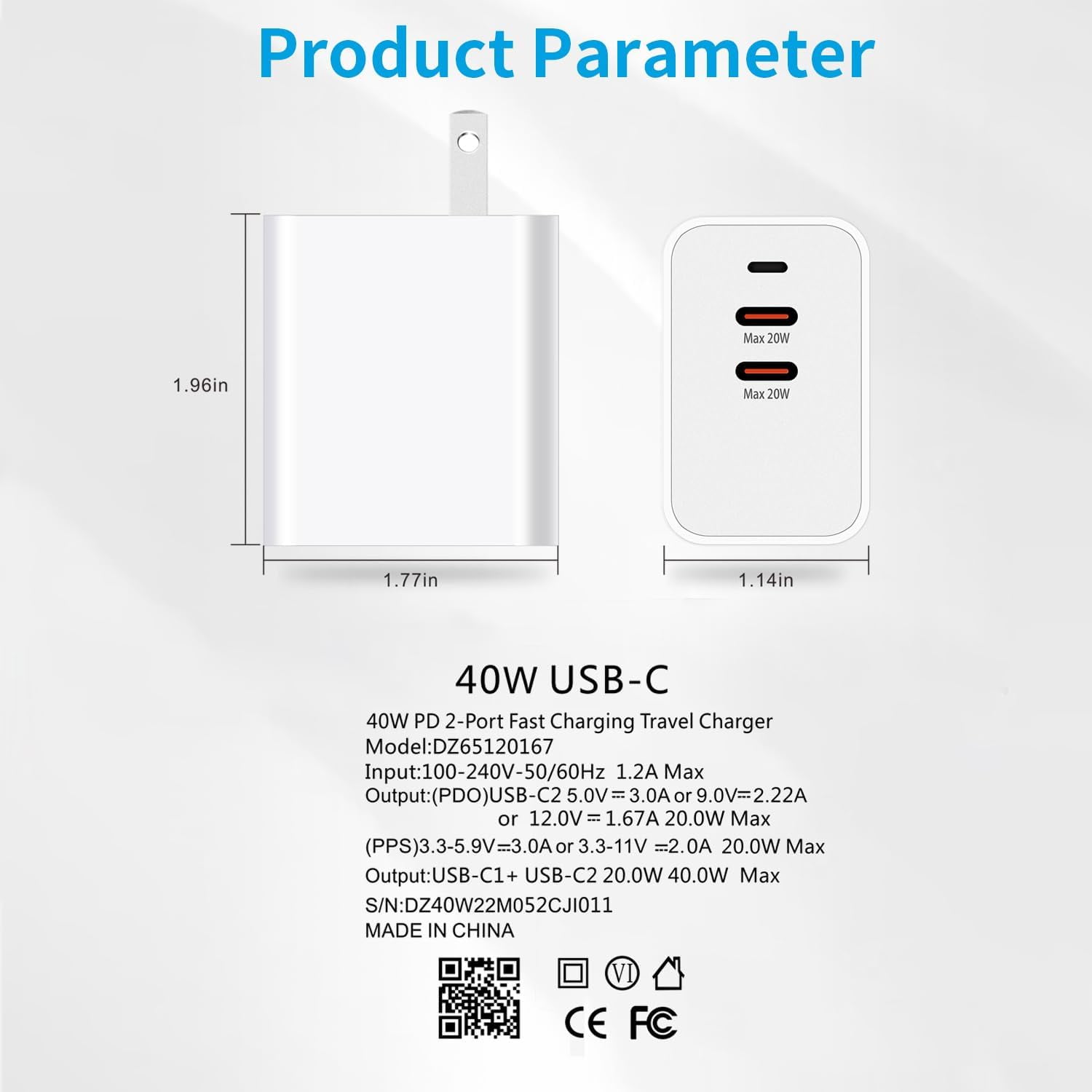 TRAHOO-40W Dual Port USB C Wall Charger for iPhone,20W PD Power Adapter ...