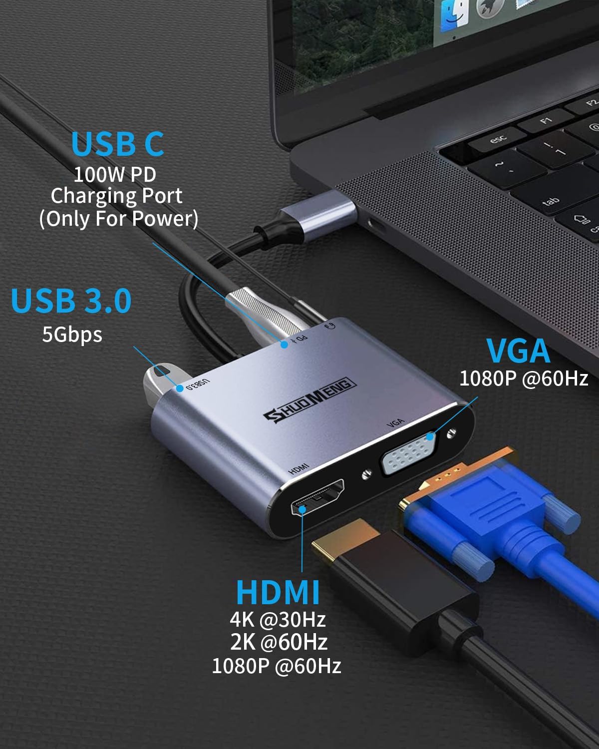 TRAHOO-5 in 1 USB C Hub, USB C to VGA HDMI MultiPort Adapter, 4K HDMI, VGA, 100W PD, USB 3.0 ...