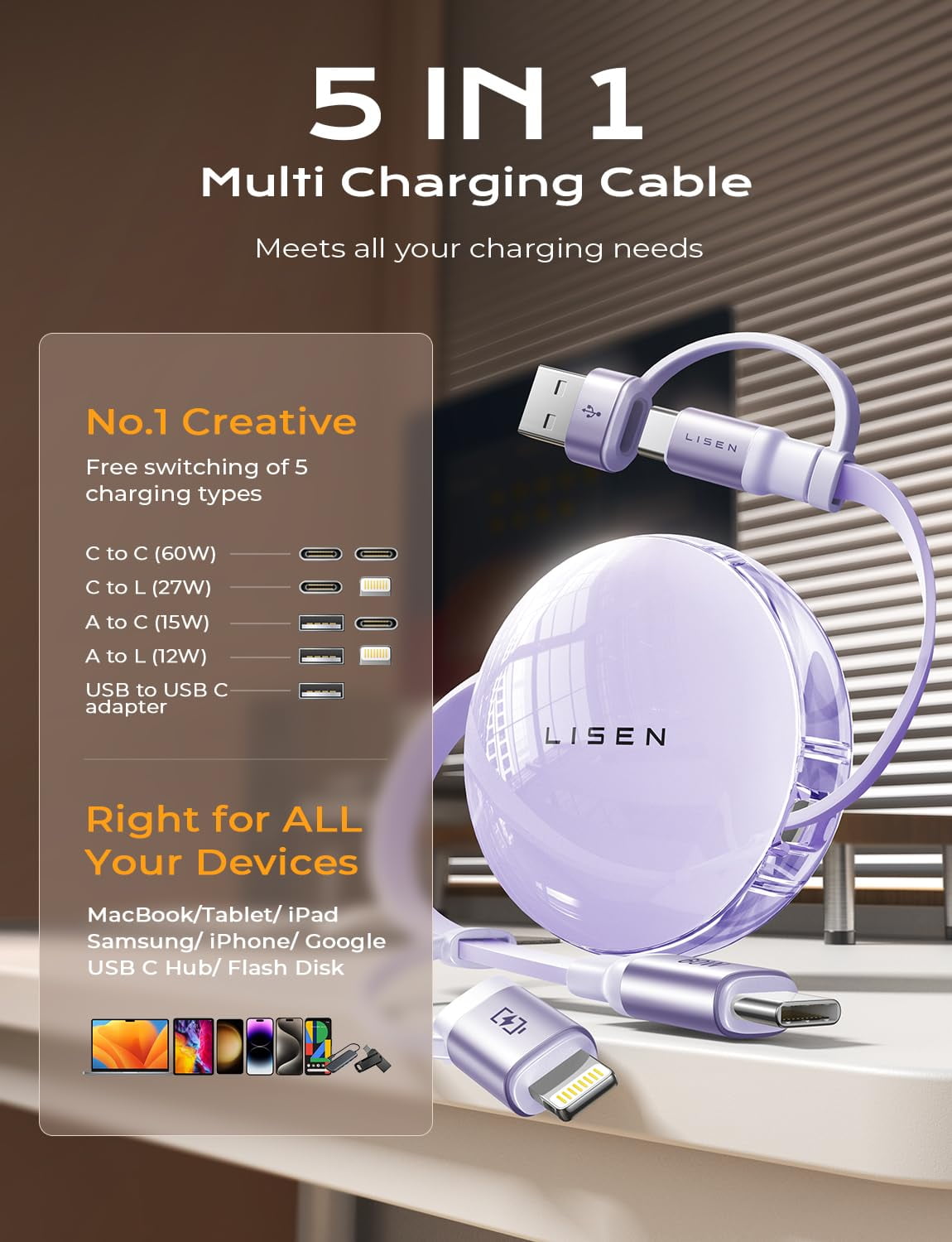 TRAHOO-5-in-1 Fast Charging Retractable Cable for iPhone, iPad, Samsung ...
