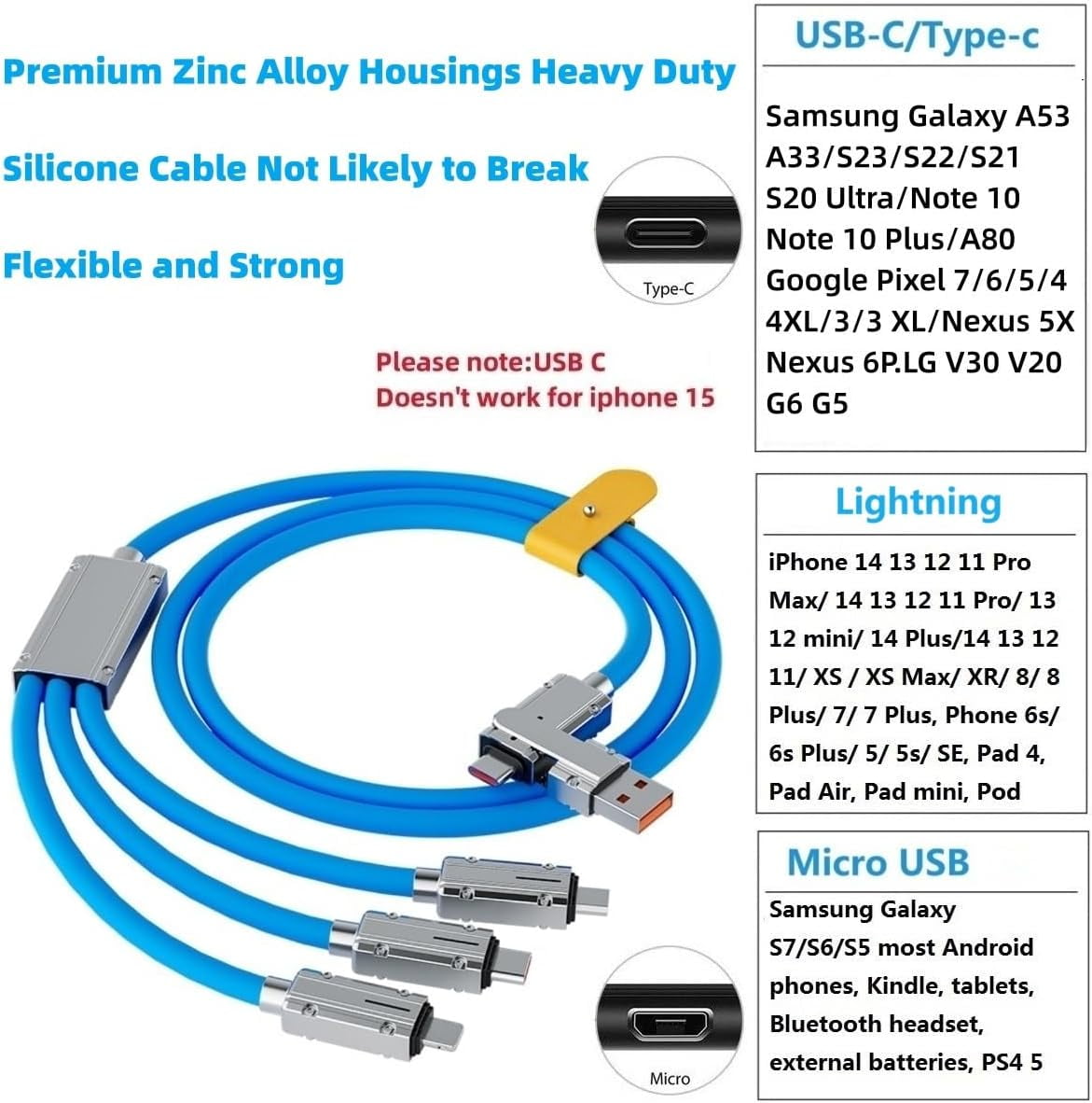 TRAHOO-5-in-1 USB A/C to Multi Charging Cable 60W 4ft Unbreakable ...