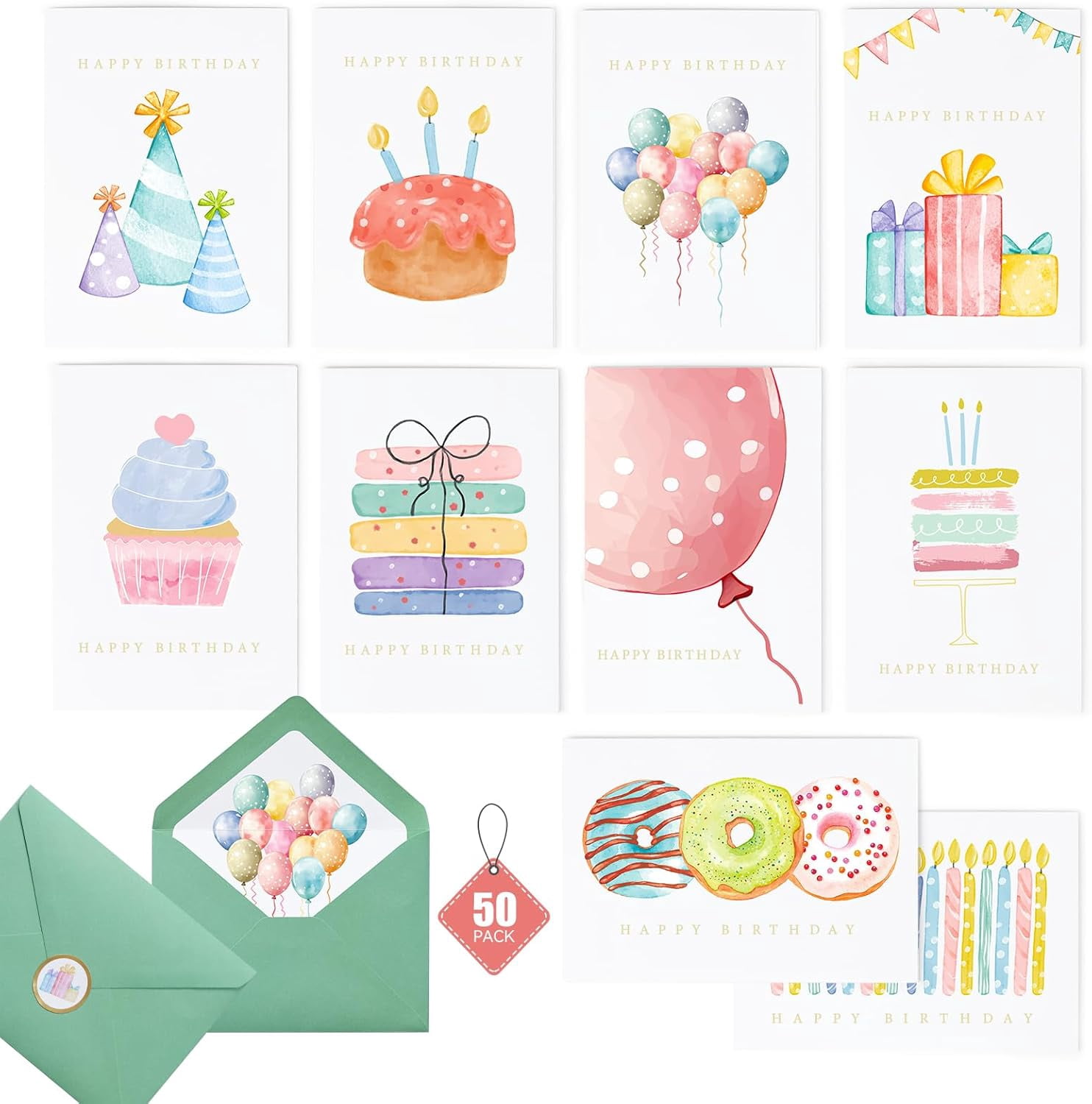 TRAHOO-50 Pack Happy Birthday Cards Bulk, Gold Foil & Watercolor ...