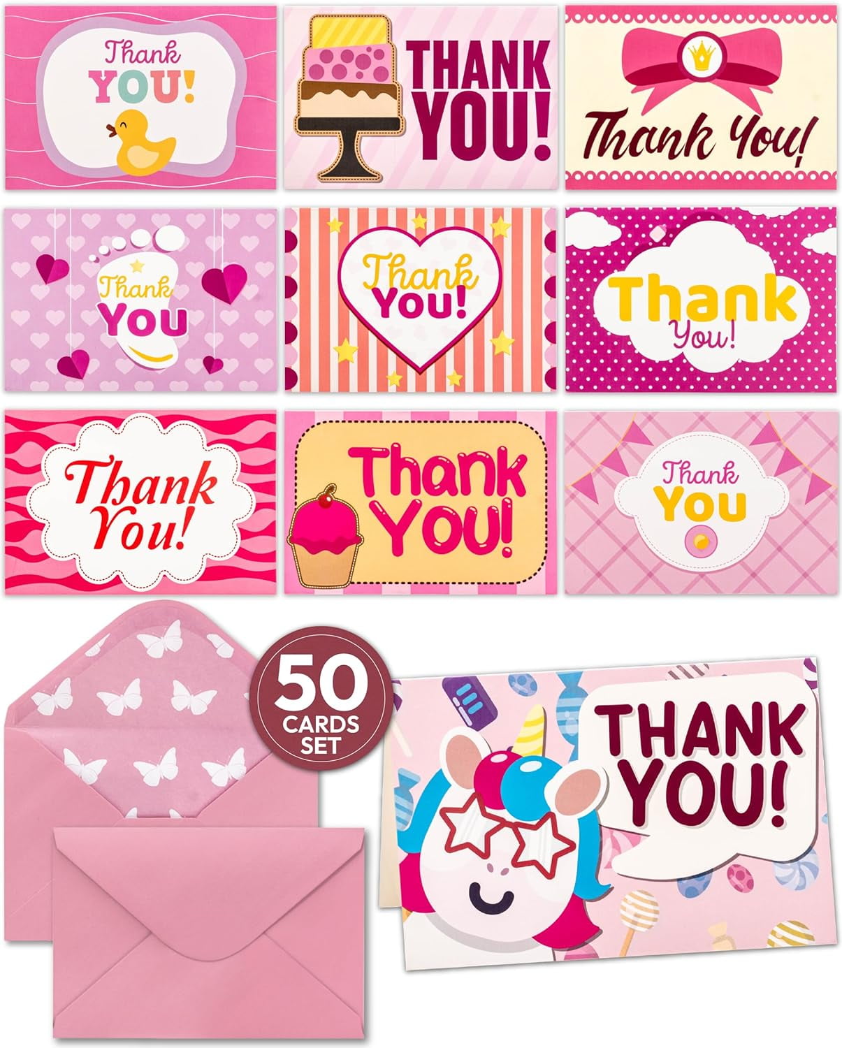 TRAHOO-50 Pack Kids Thank You Cards with Envelopes - 4x6 Girl Thank You ...