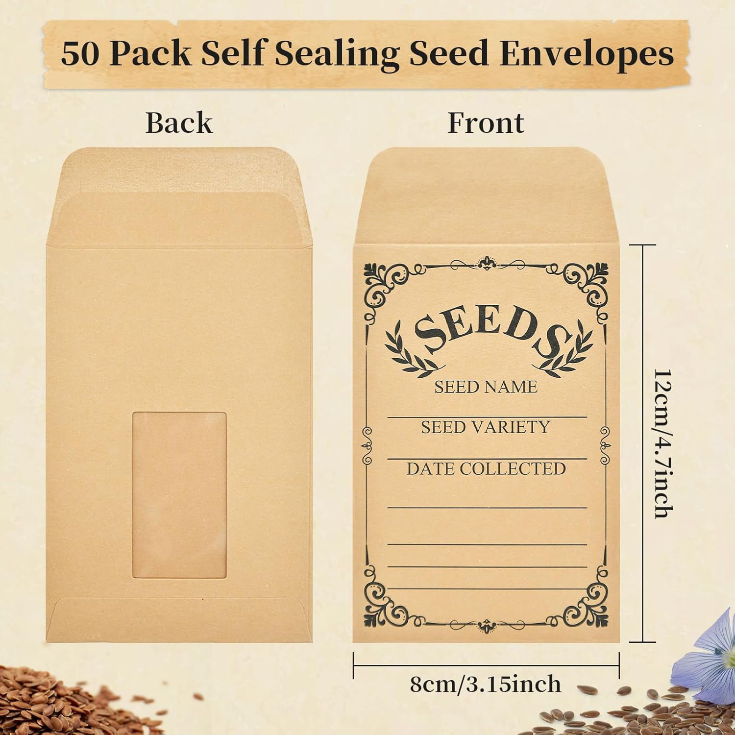 TRAHOO-50-Pack Seed Packets Envelopes with Clear Window, 4.72 x 3.15 ...