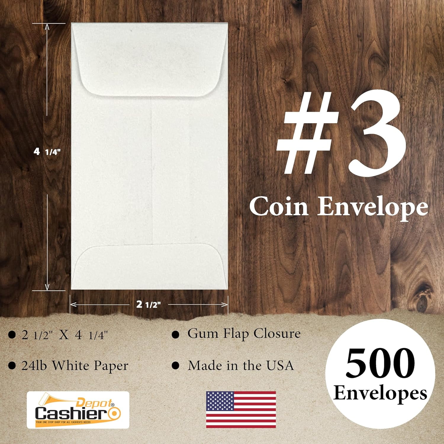 TRAHOO-500 Cashier Depot #3 Coin & Small Parts Envelopes, 2 1/2" x 4 1/ ...
