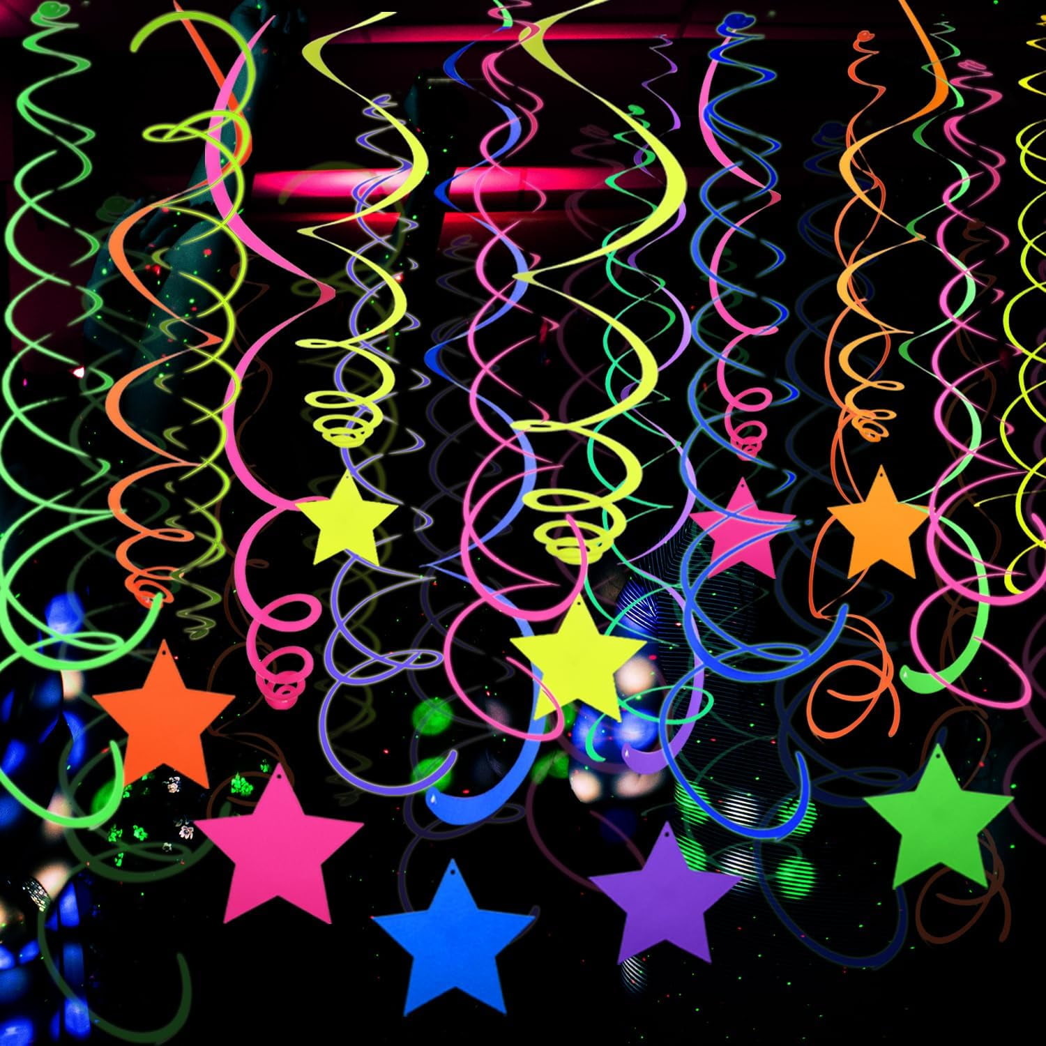 TRAHOO-56 Pieces UV Hanging Swirls Decorations Paper Neon Streamer for ...