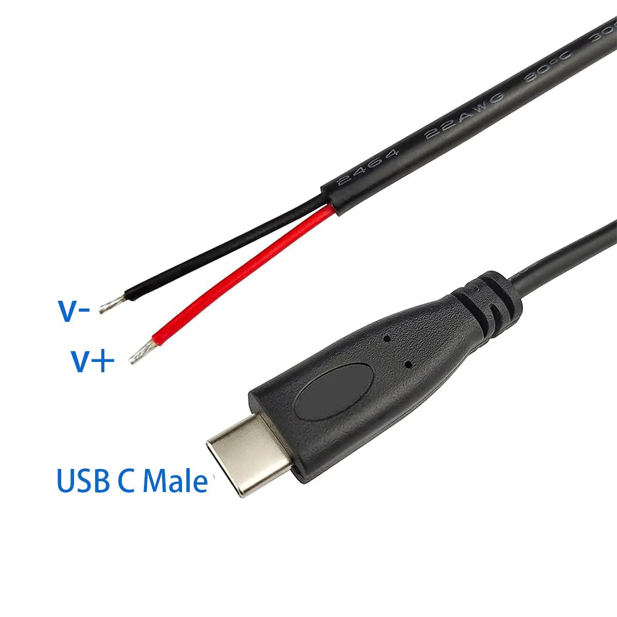 TRAHOO-5Pcs 3.2FT 22AWG USB Type-C 2 Core Pigtail Cable, 3A 5V USB-C Male Plug to 2Pin Bare Wire ...
