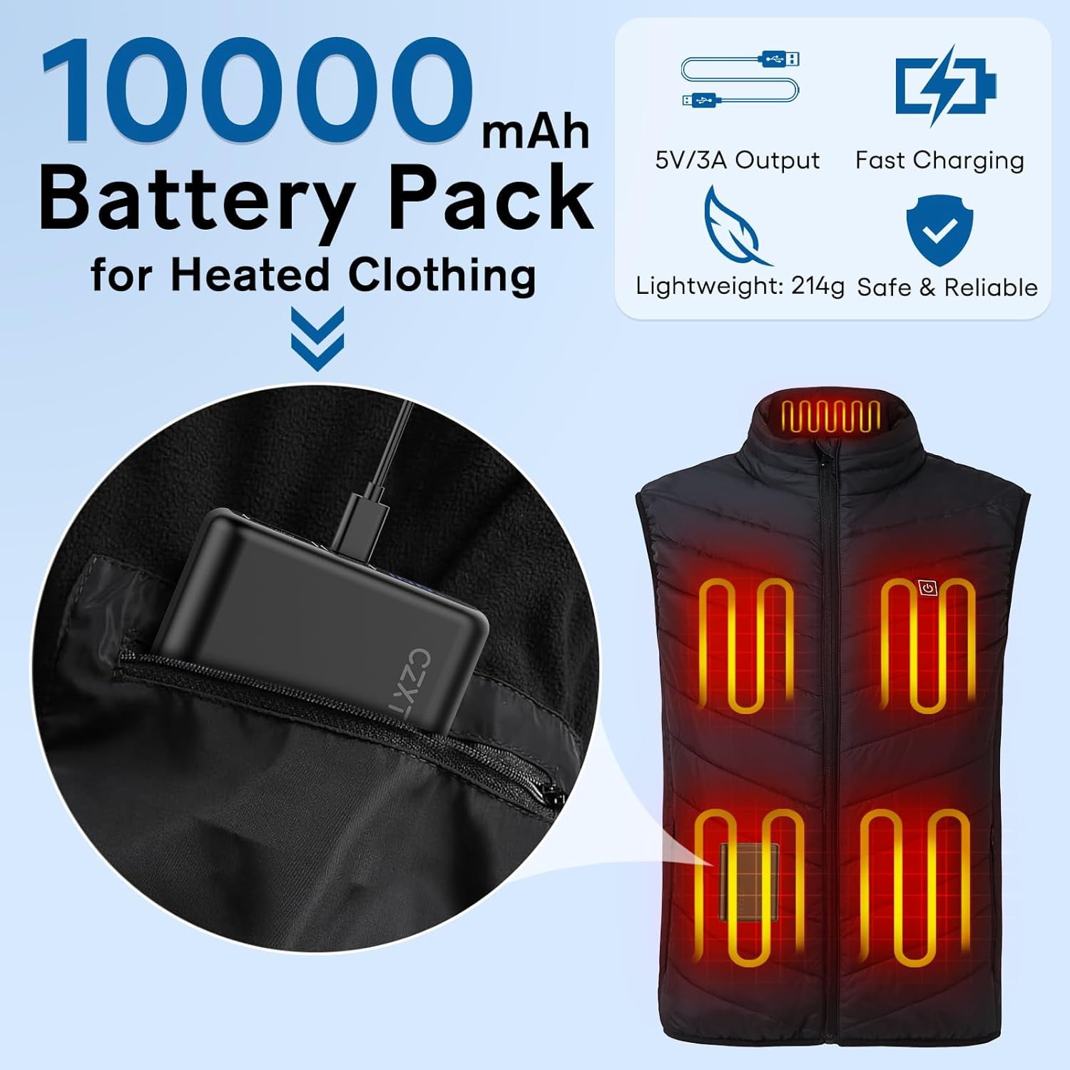 TRAHOO-5V 2A 10000mAh Heated Vest Battery Pack,Fast Charging Portable ...