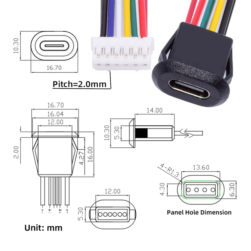 TRAHOO-5pcs/Set Type C Female Socket to 6Pin Header Cable Pitch=2.0mm Latch Mount Type DIY OEM ...