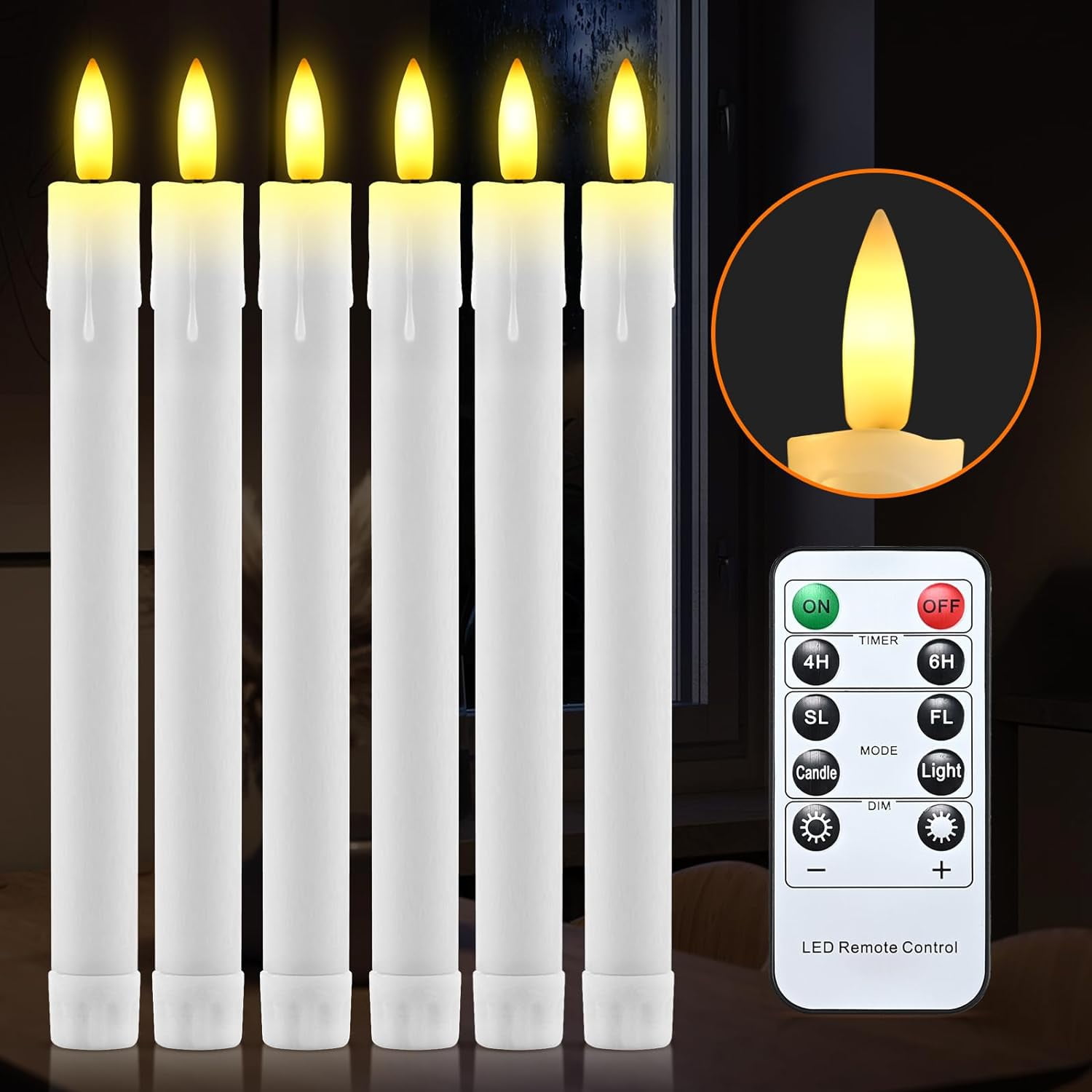 TRAHOO-6 Pack Flameless Taper Candles, Battery Operated Taper Window ...