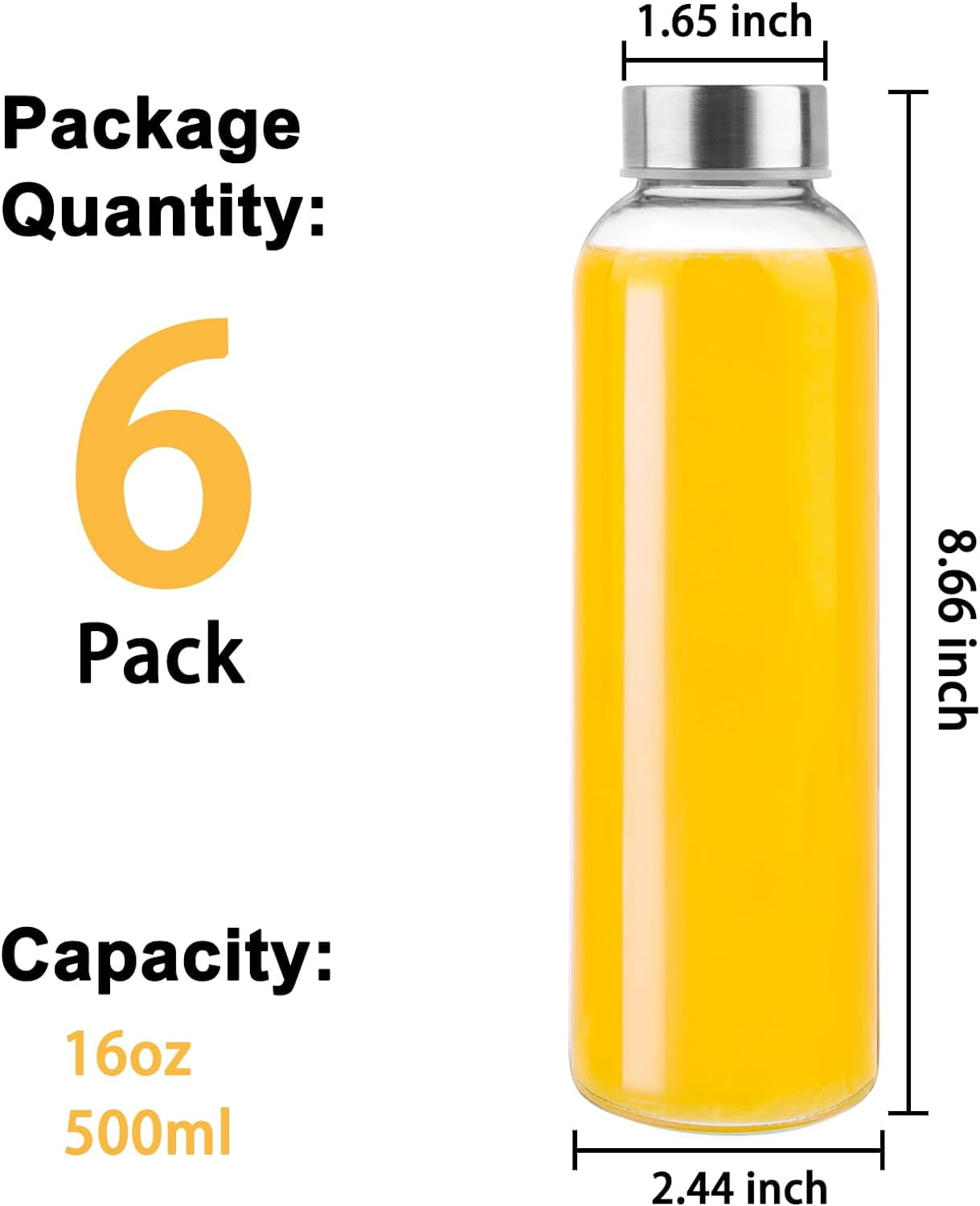 TRAHOO-6 Pack Glass Water Bottles, 16oz Clear Glass Bottles with Stainless Steel Lids, Reusable ...