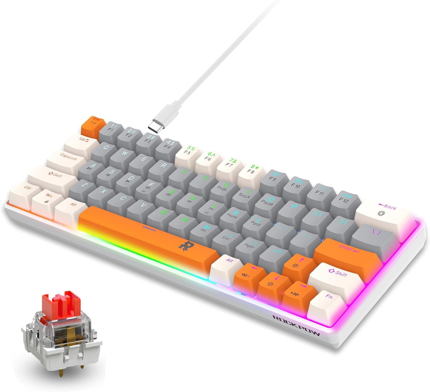 TRAHOO-60% Mechanical Gaming Keyboard 60 Percent,LED Backlit Compact 63 ...