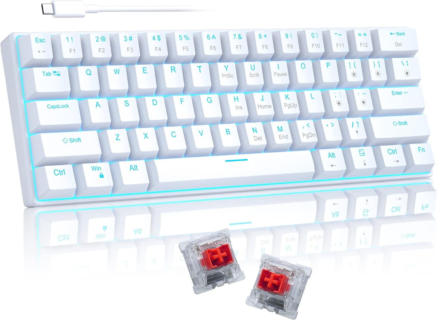 TRAHOO-60% Mechanical Gaming Keyboard, White Gaming Keyboard with Red ...