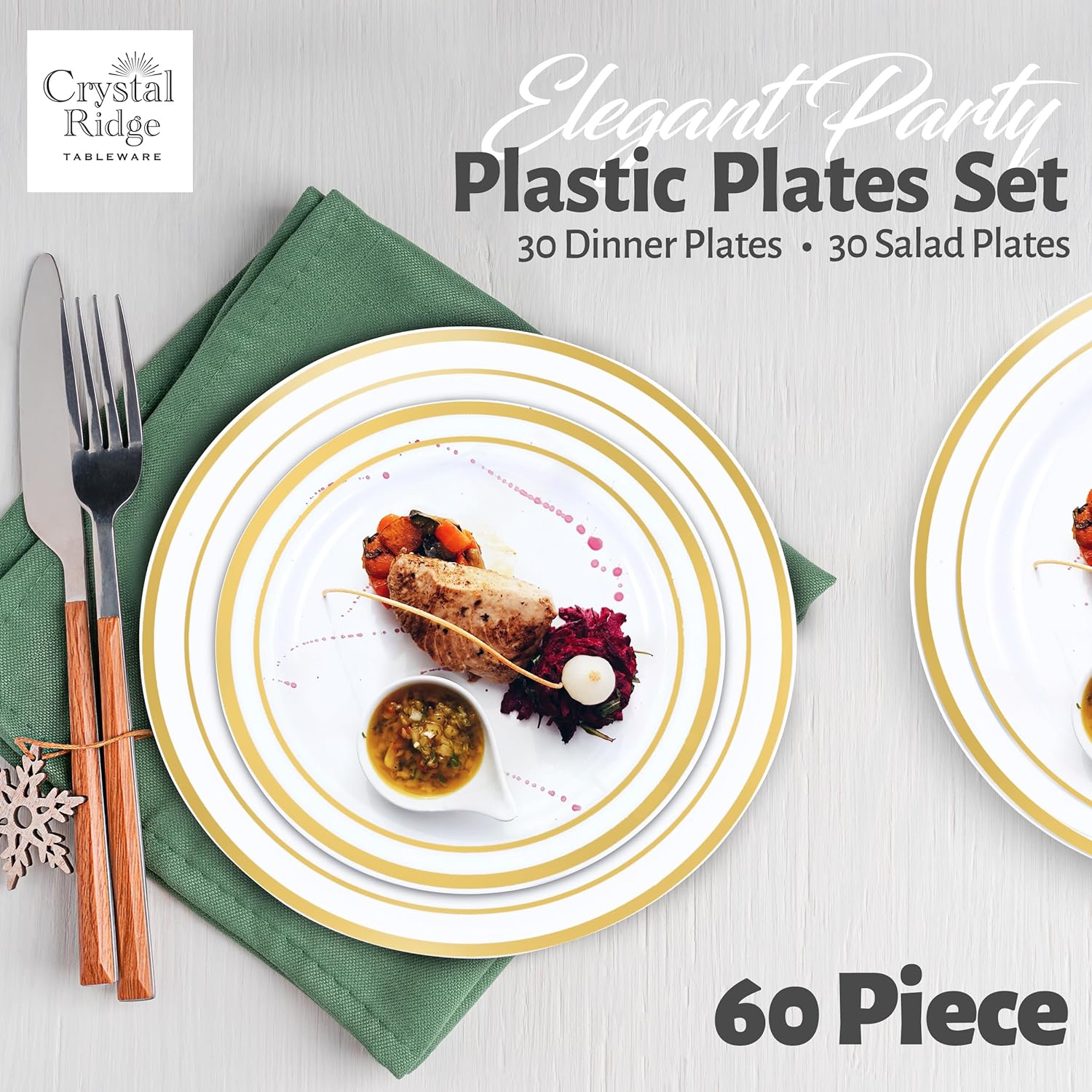 TRAHOO-60-Piece Plastic Plates Set Premium 30 Dinner Plates & 30 Salad ...