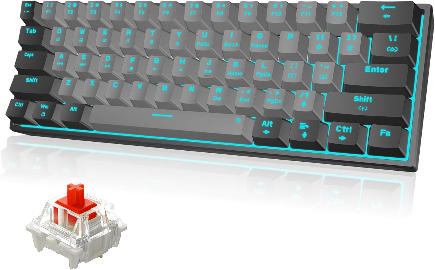 TRAHOO-60% Wired Mechanical Gaming Keyboard, Ice Blue LED Backlit 61 ...