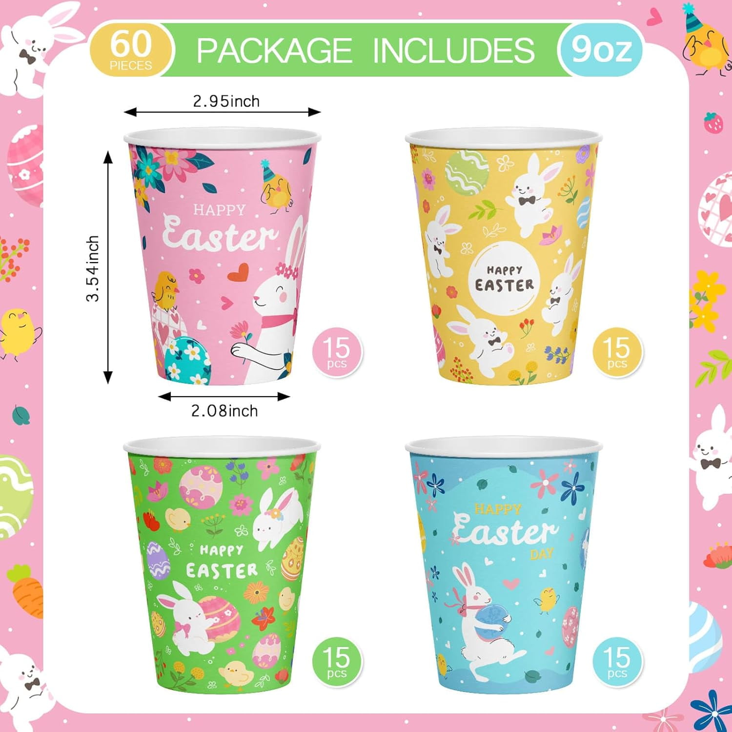 TRAHOO-60Pcs 9oz Easter Paper Cups Bunny Egg Easter Disposable Cups ...