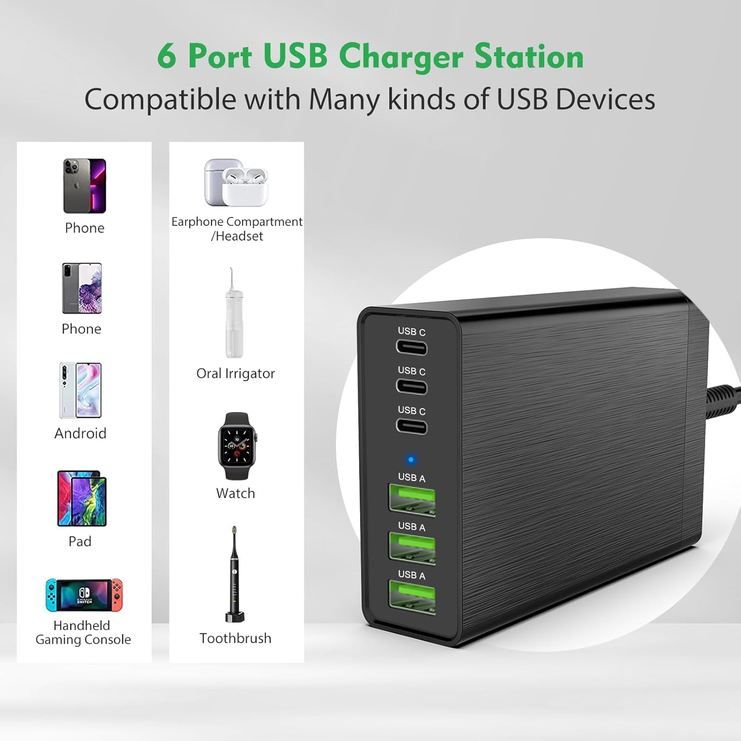 TRAHOO-60W Charger Station, Charging Station for Multiple Devices, 6-in ...