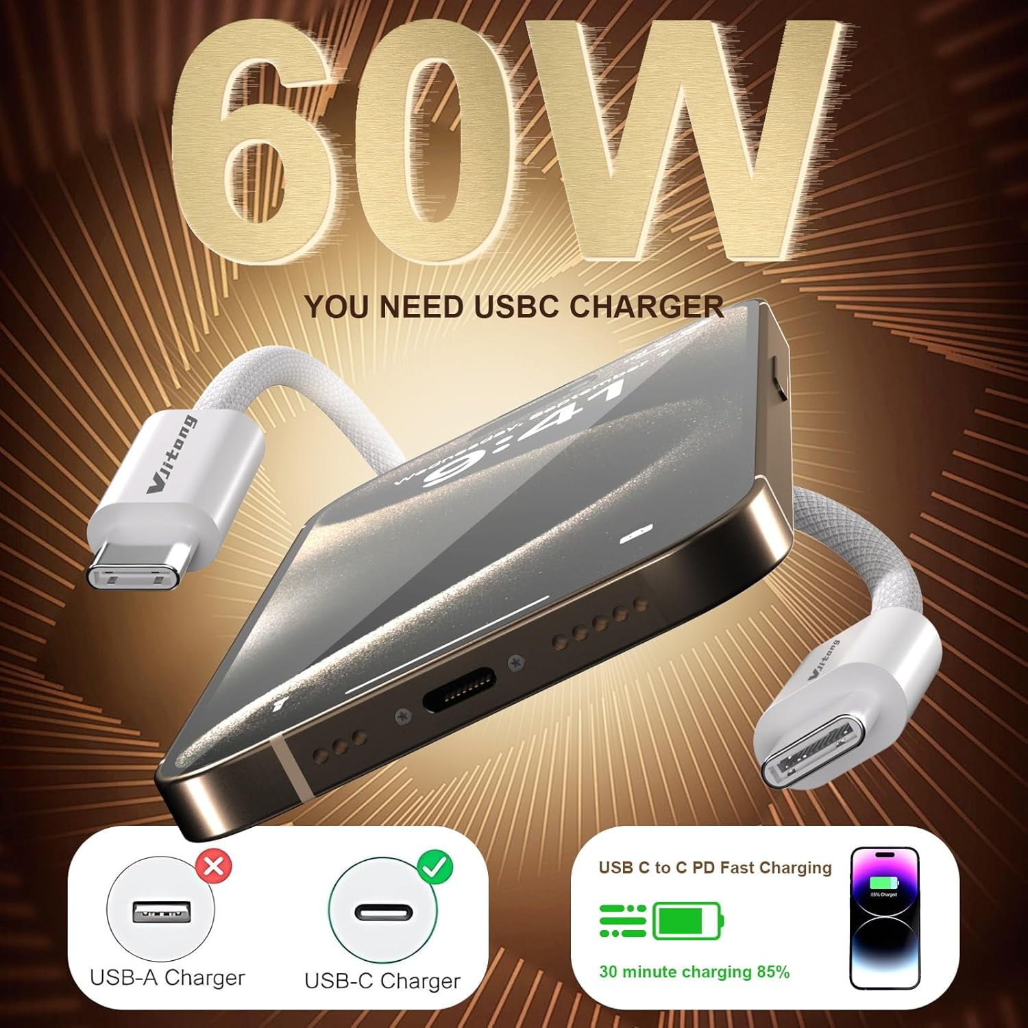 TRAHOO-60W USB C Charger Cable, 5.0FT Nylon Braided USB Type C Cable, 3 ...