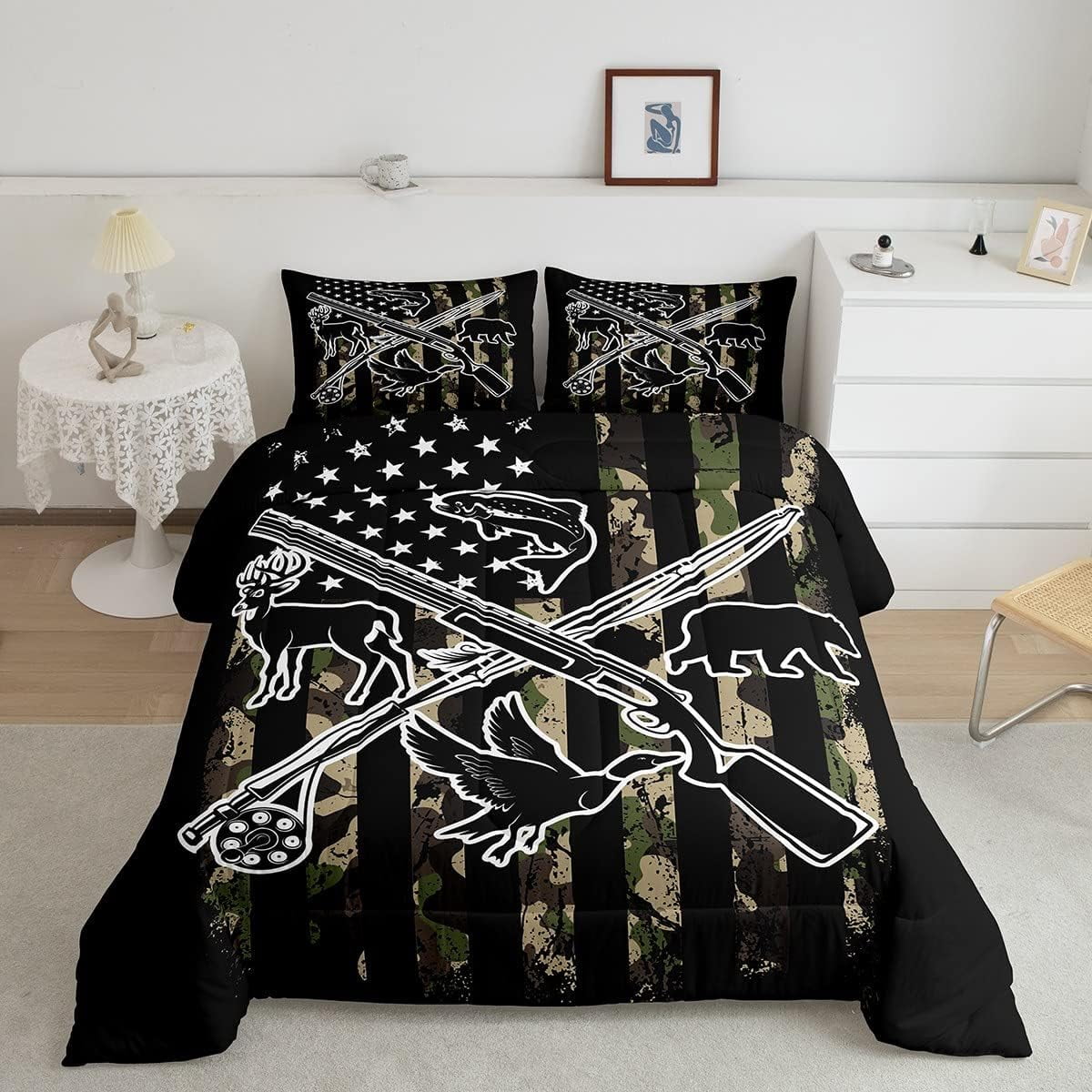 TRAHOO-86x102inchHunting American Flag Bedding Set For Hunter,Camo Bear ...