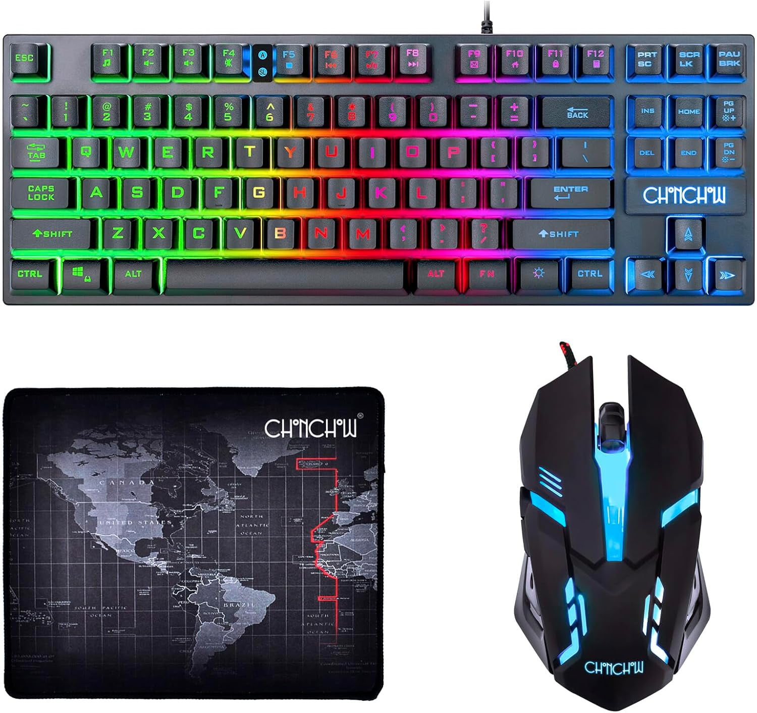 Trahoo 87 Keys Tkl Gaming Keyboard And Mouse Combo Wired Led Rainbow Backlit Keyboard 800 3200