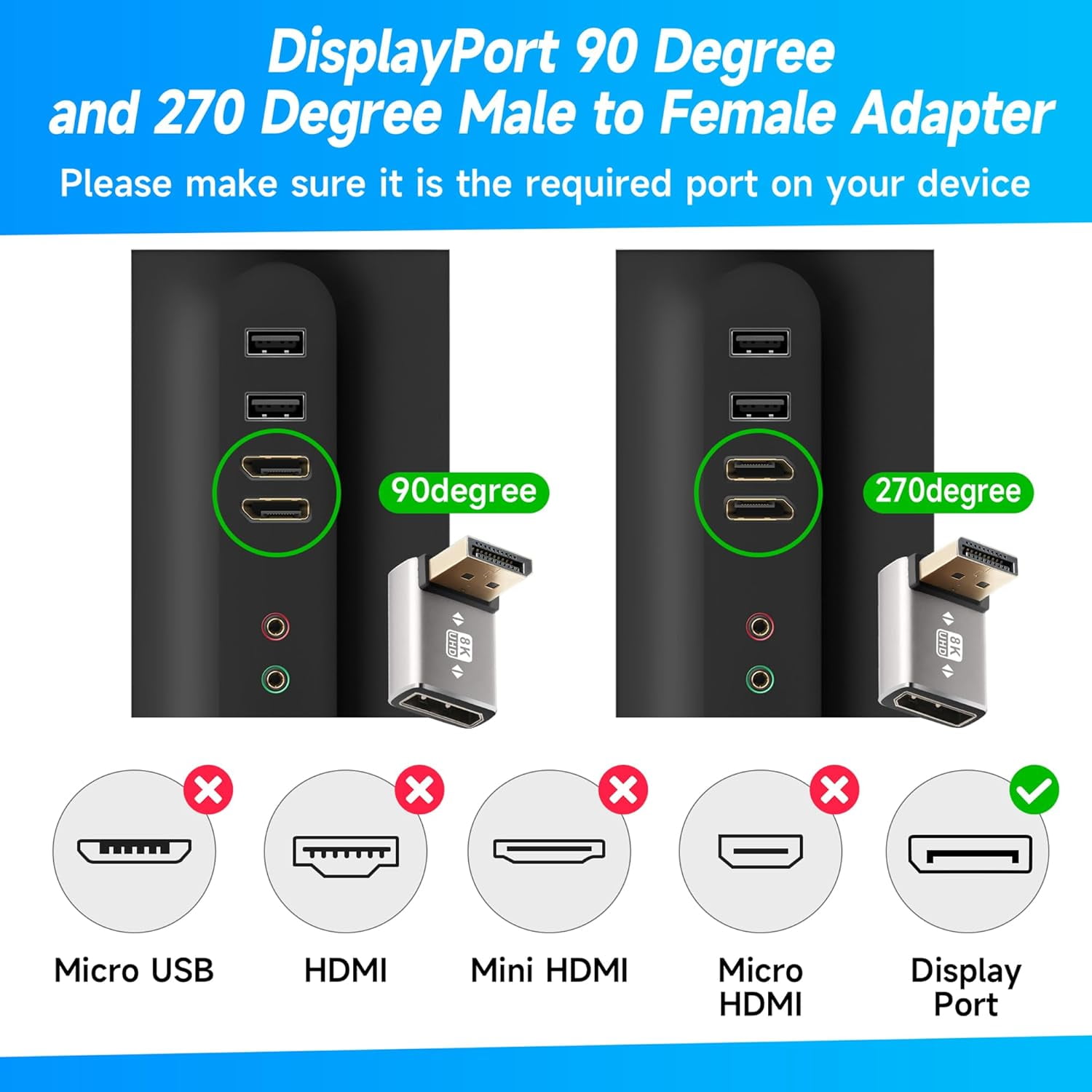 TRAHOO-8K DisplayPort 1.4 Adapter 90 Degree and 270 Degree Gold Plated ...