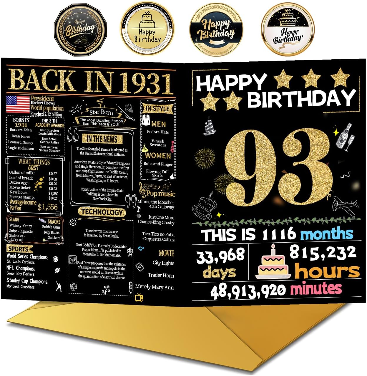 TRAHOO-93rd Birthday Card with Envelope, 93rd Birthday Decorations for ...