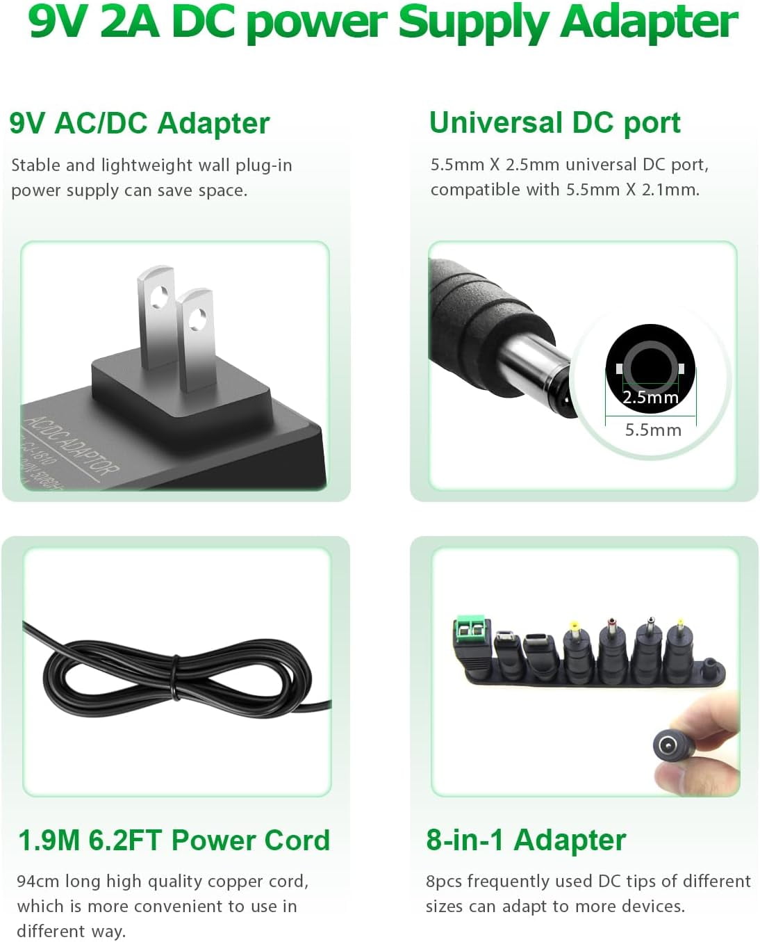 TRAHOO-9V 2A DC Power Supply Adapter 18W AC/DC Charger AC 100V-240V to DC 9 Volt 2000mA 1500mA ...