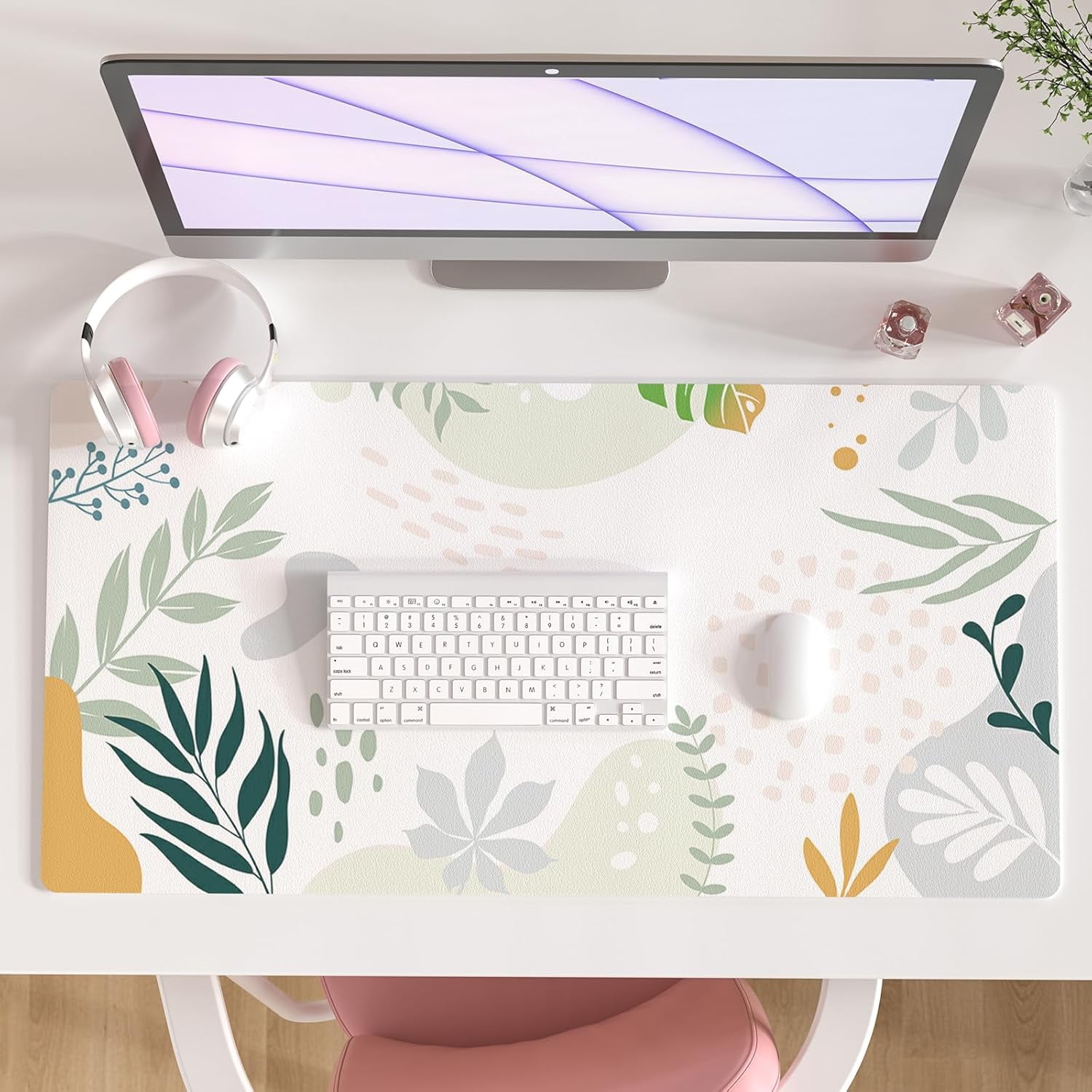 TRAHOO-Abstract Boho Large Mouse Pad, Waterproof Green White Desk Mat ...