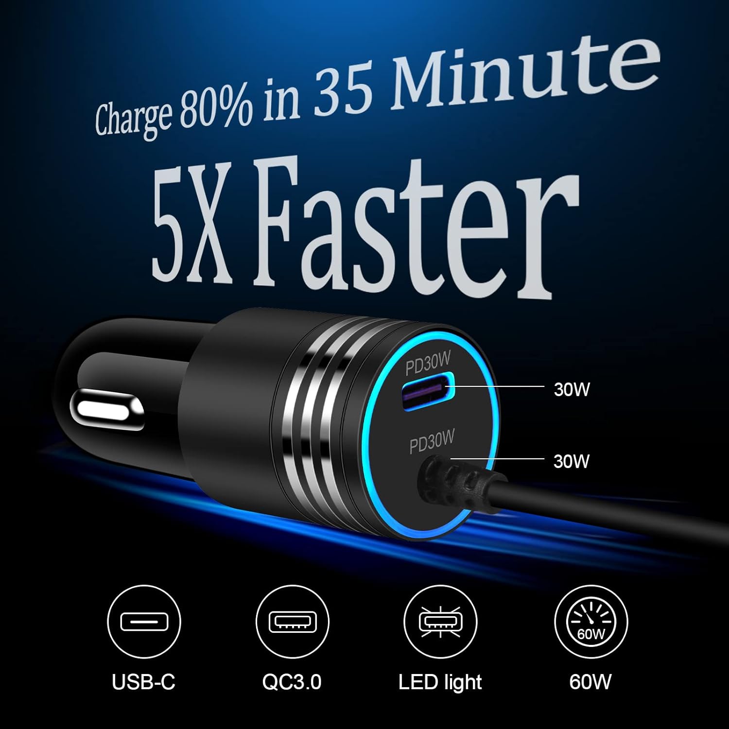 TRAHOO-Android Phone USB C Car Charger 60W USB Type C Adapter Plug Fast Charging for Samsung ...