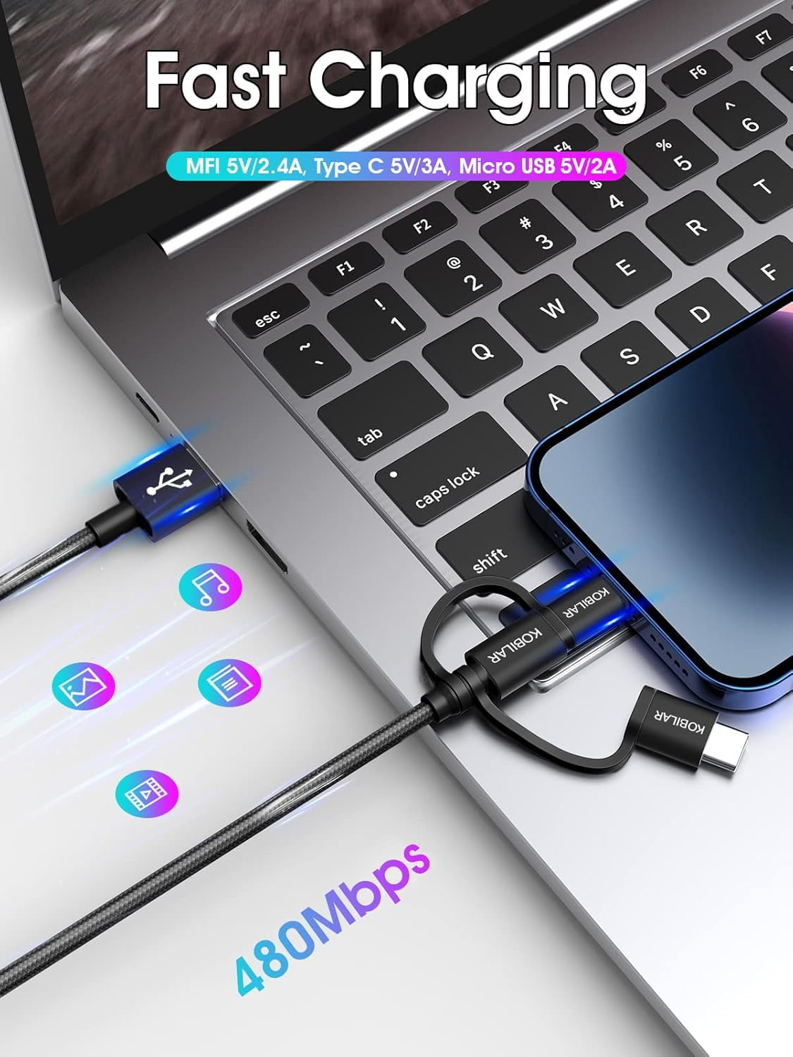 TRAHOO-Apple MFi Certified 3 in 1 Charging Cable, CarPlay Cable, USB A ...