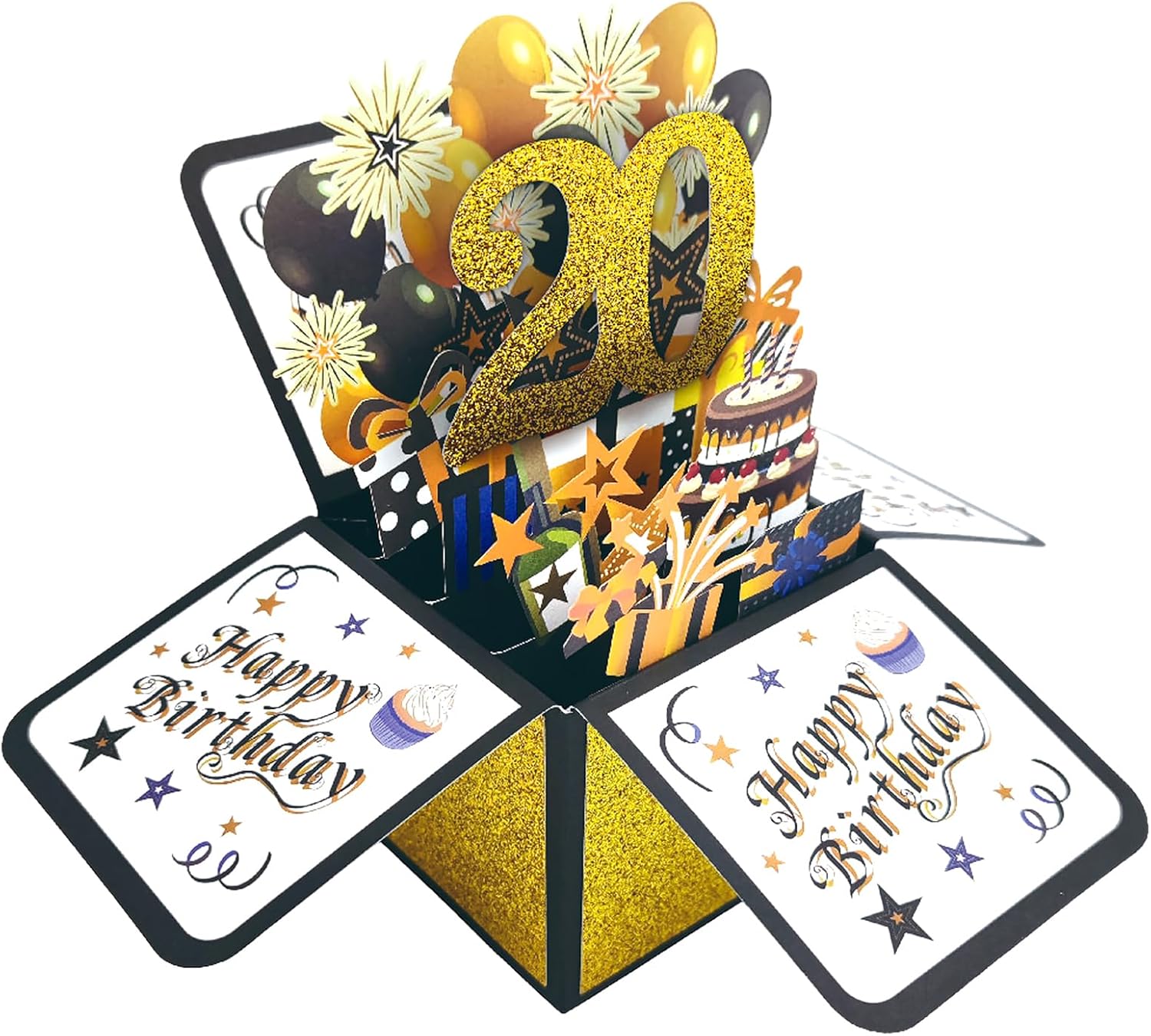 TRAHOO-Black Gold 20th Happy Birthday Pop Up Card, 20th Pop Up Cards ...