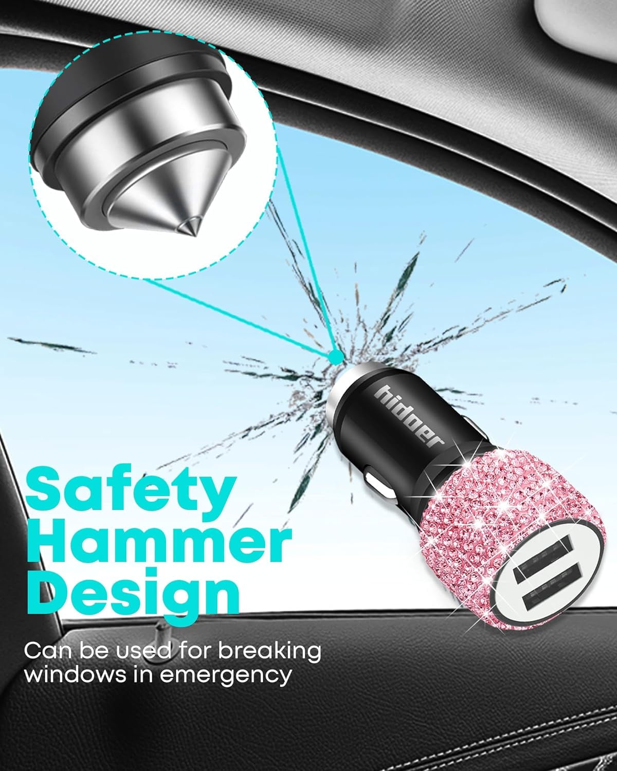 TRAHOO-Bling USB Car Charger 5V/2.4A Pink Crystal Decor Dual Port Fast ...