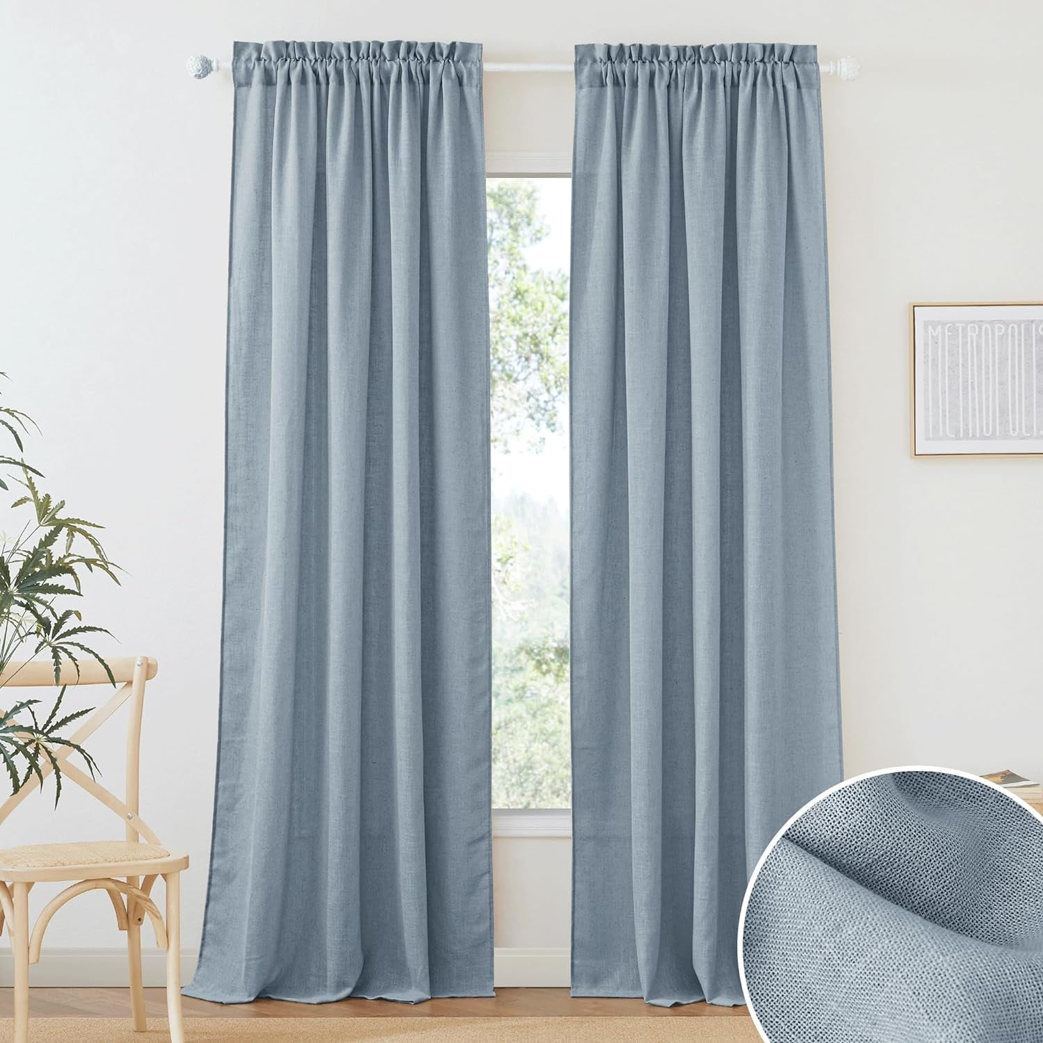 TRAHOO-Blue Linen Curtains for Sliding Door Curtains, Linen Blend Light ...