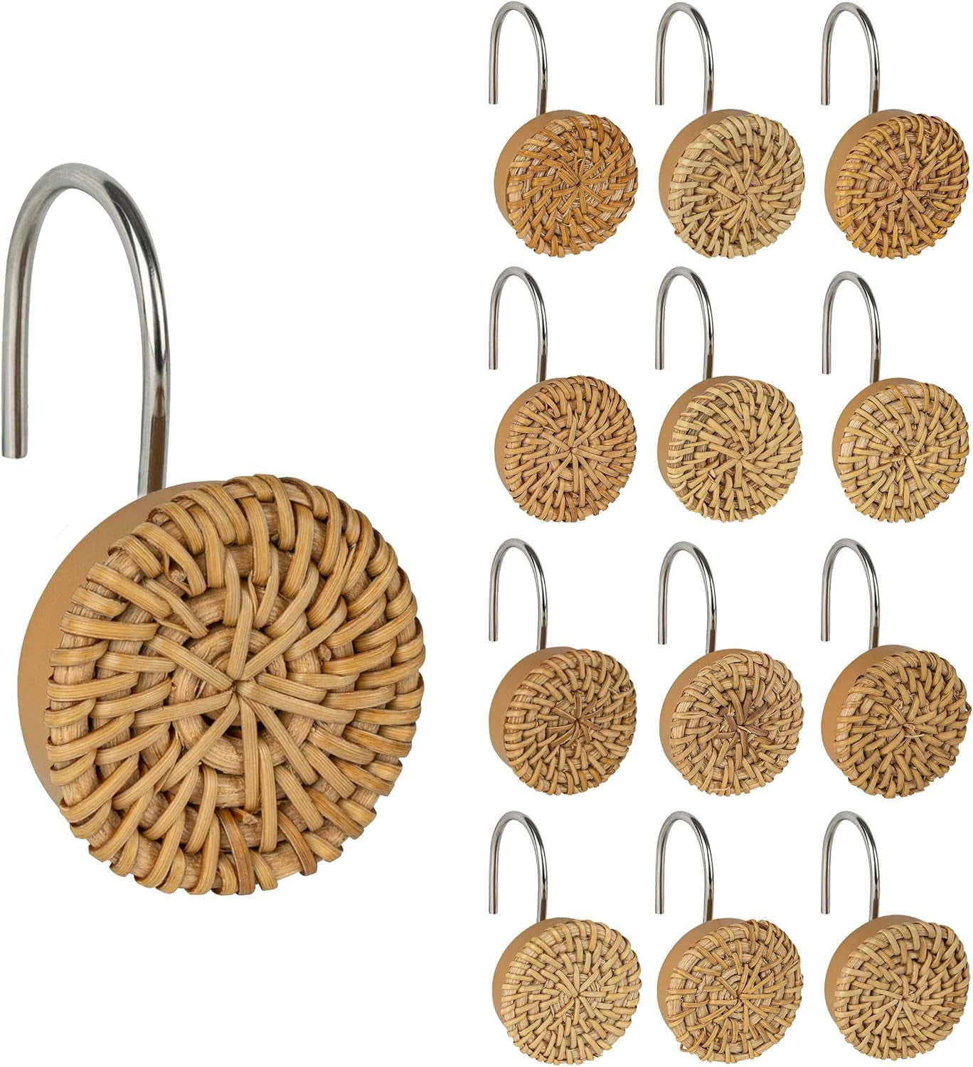 TRAHOO-Boho Decorative Shower Curtain Hooks, Woven Wicker Ratten Shower ...