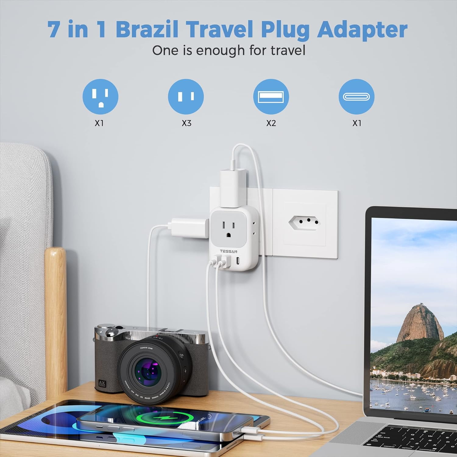 TRAHOO-Brazil Power Adapter, US to Brazil Travel Plug with 4 American ...