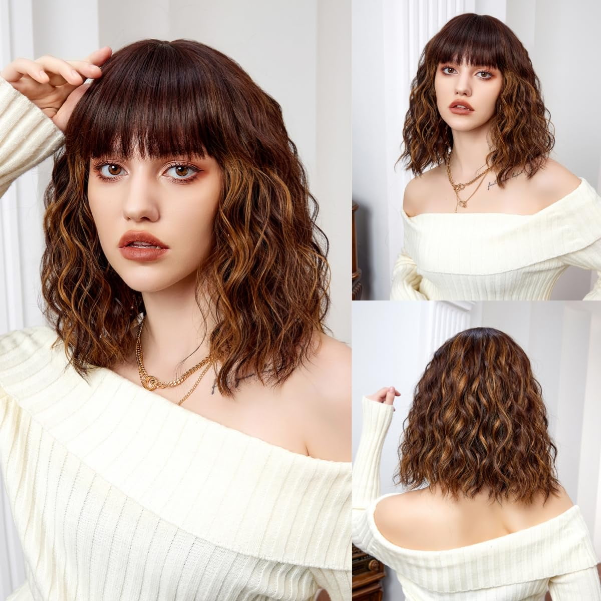 TRAHOO-Brown Wig with Bangs,Shoulder Length Bob Curly Wavy Wigs for ...