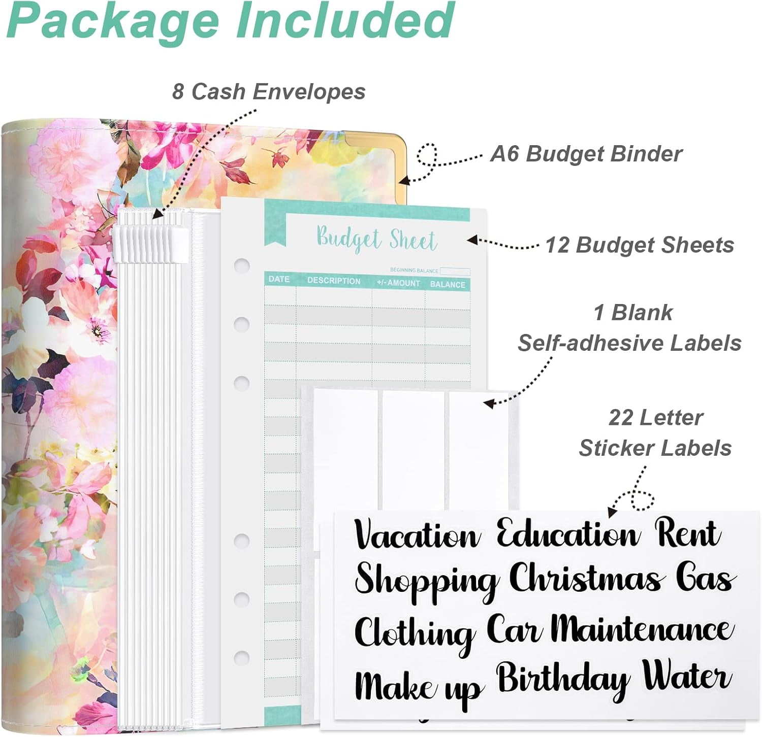 TRAHOO-Budget Binder with Zipper Envelopes, A6 Money Saving Binder Cash ...