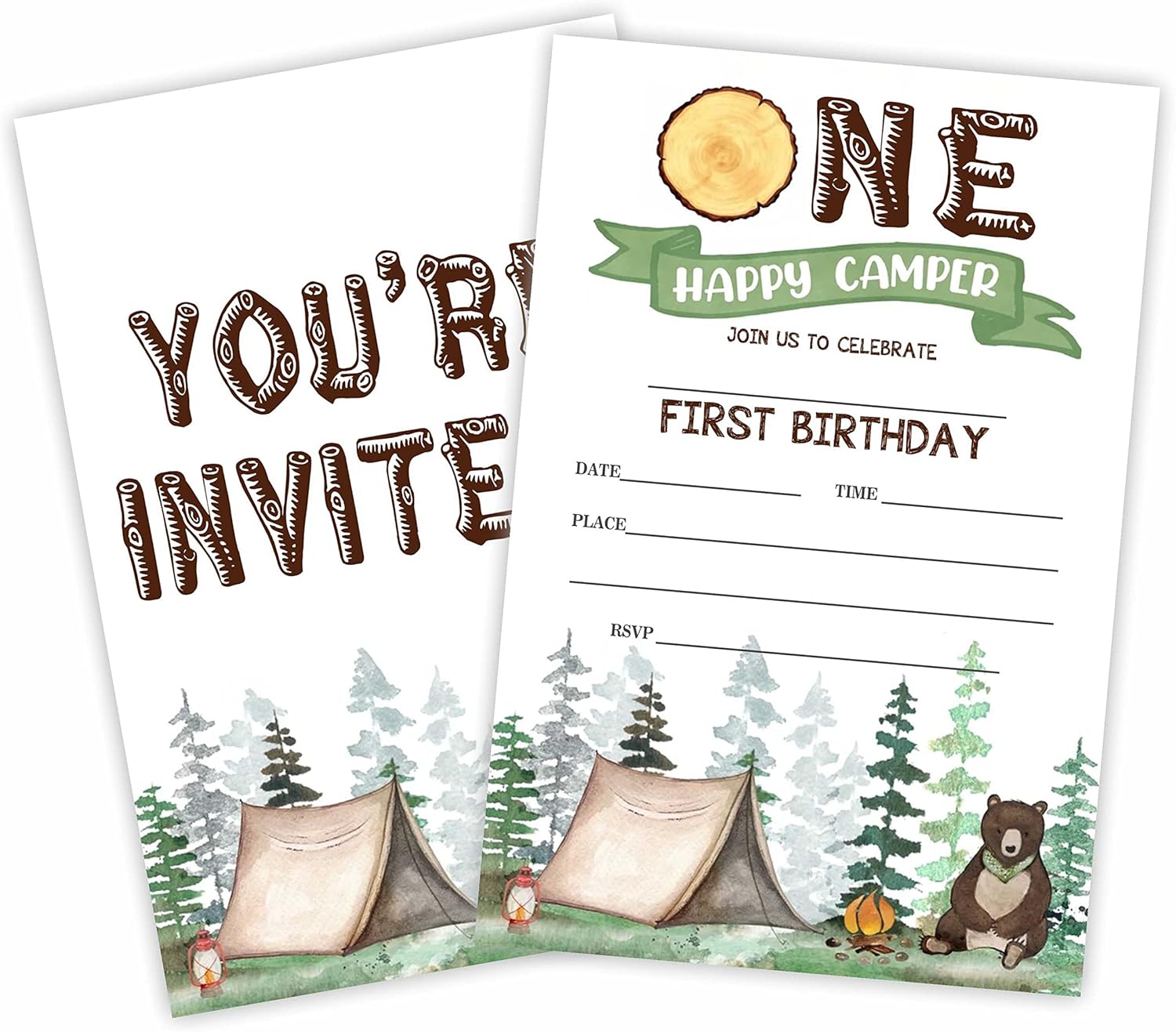 TRAHOO-Camping Theme First Birthday Party Invitation,One Happy Camper ...