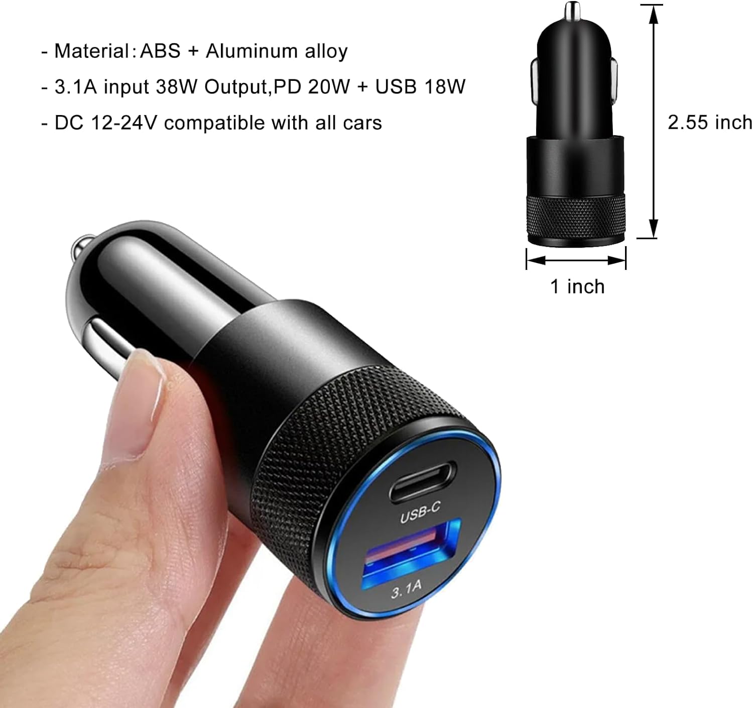 TRAHOO-Car Charger 38W USB Type C PD Android Cellphone Charging QC 3.0 Automobile Adapter Fast ...