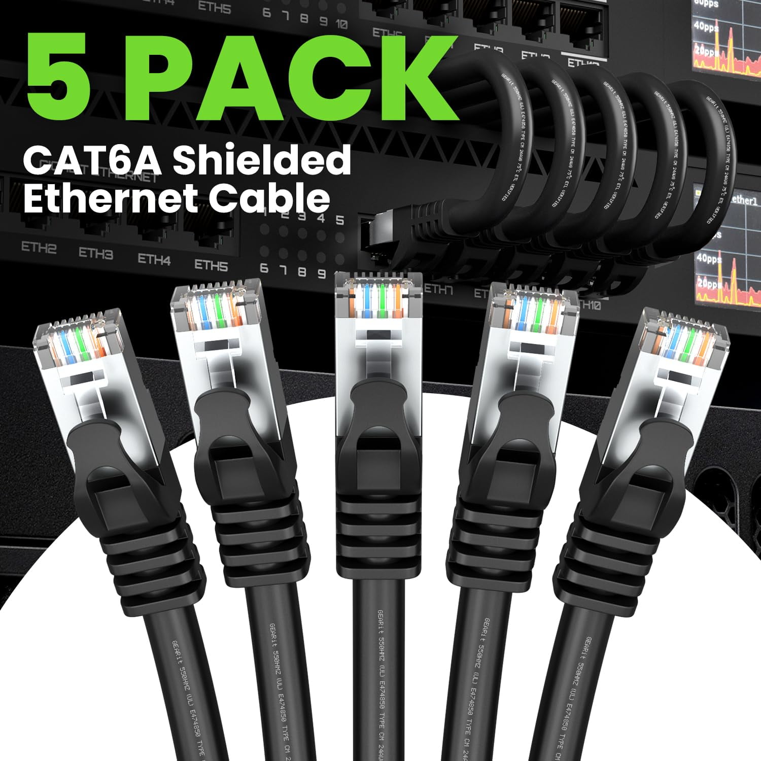 TRAHOO-Cat6A Ethernet Cable (14 ft, 5-Pack, Black) 10Gbps Snagless Shielded SSTP, SFTP Shielded ...