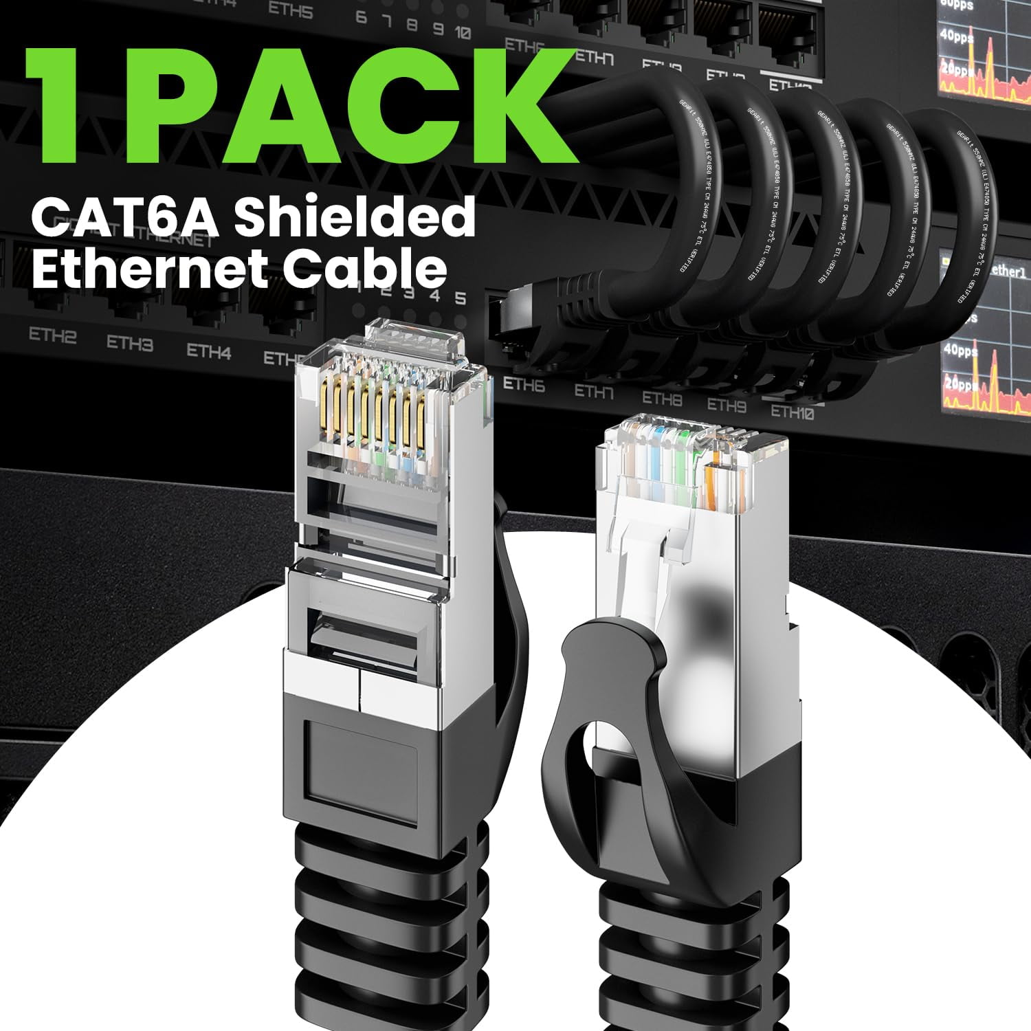 TRAHOO-Cat6A Ethernet Cable (14 ft, Black) 10Gbps Snagless Shielded ...