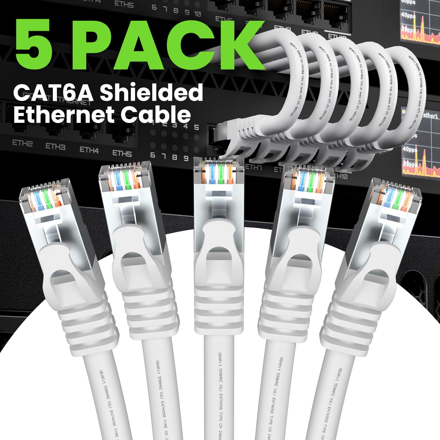TRAHOO-Cat6A Ethernet Cable (5 ft, 5-Pack, White) 10Gbps Snagless ...