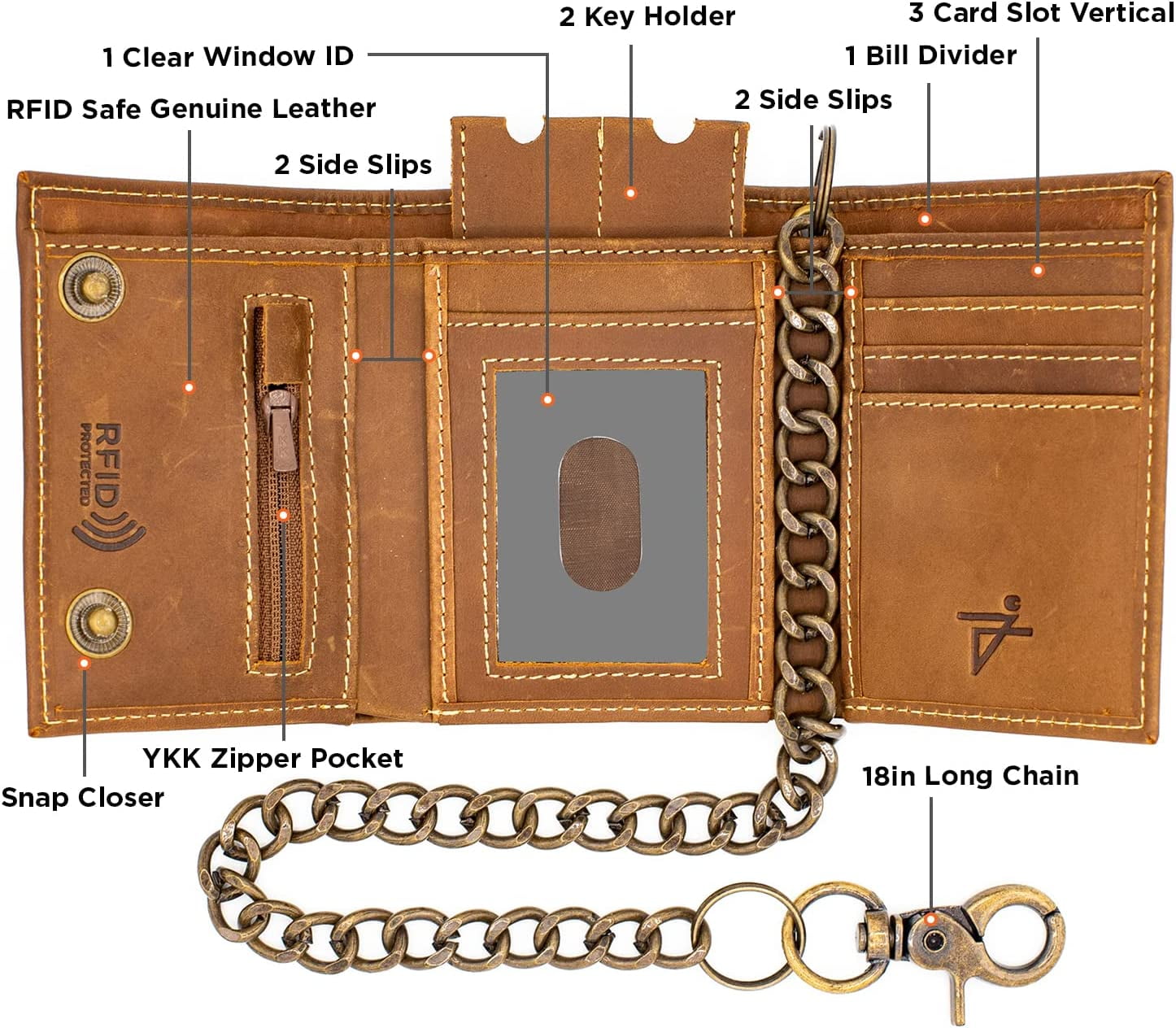 TRAHOO-Chain Wallets for men Biker Chains Top-Grain Cow Leather Trifold ...